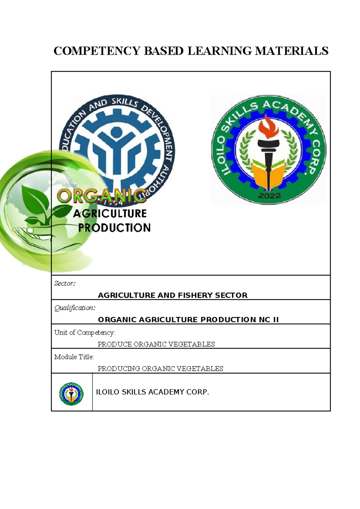 4 CBLM - COMPETENCY BASED LEARNING MATERIALS Sector: AGRICULTURE AND FISHERY SECTOR ...