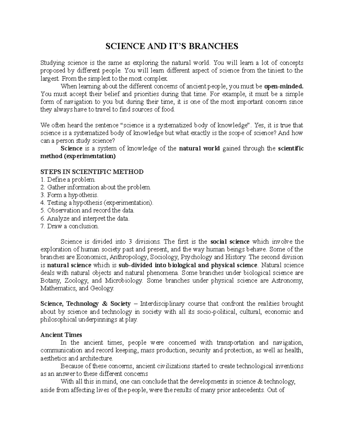 Science AND IT’S Branches - SCIENCE AND IT’S BRANCHES Studying science ...