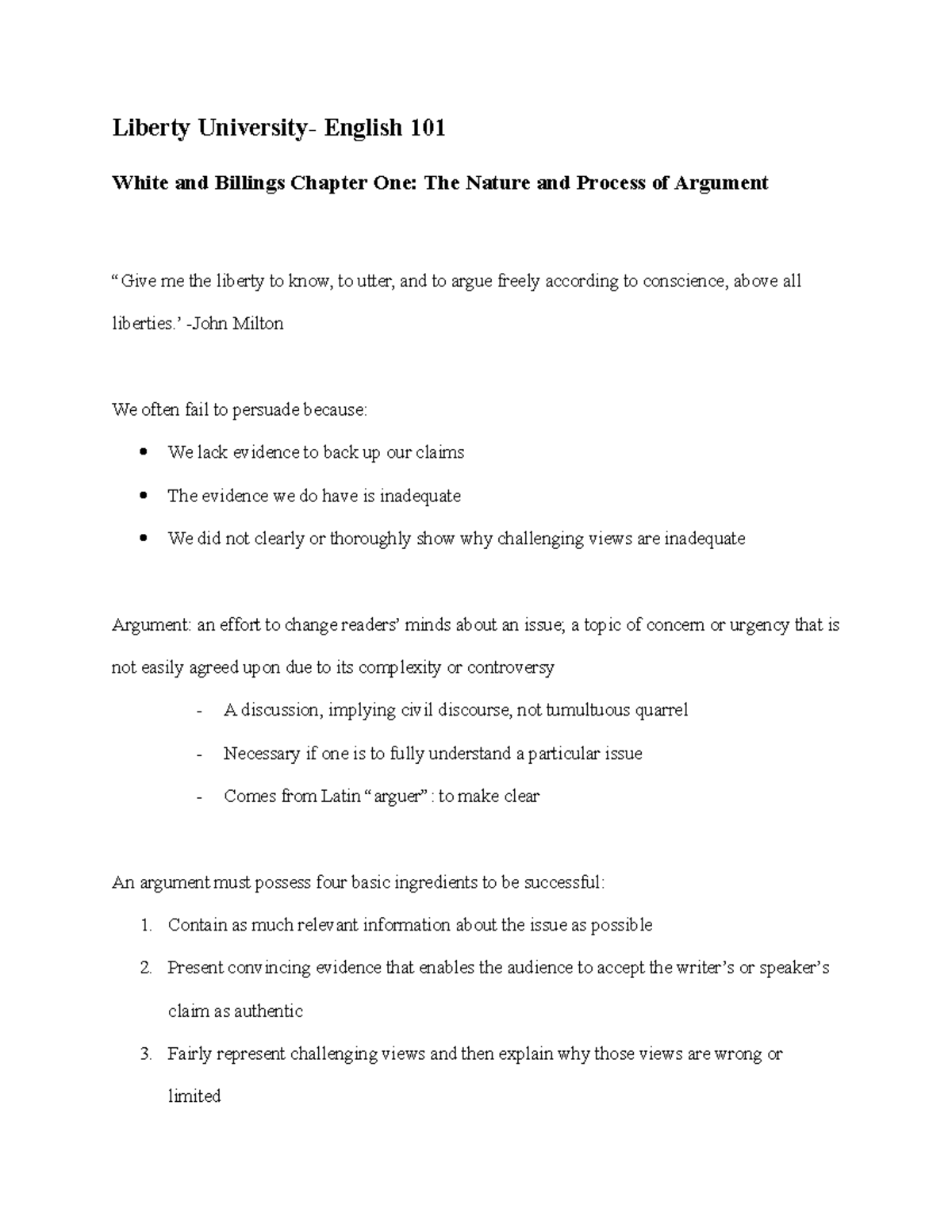 English Chapter One Notes - Liberty University- English 101 White and ...