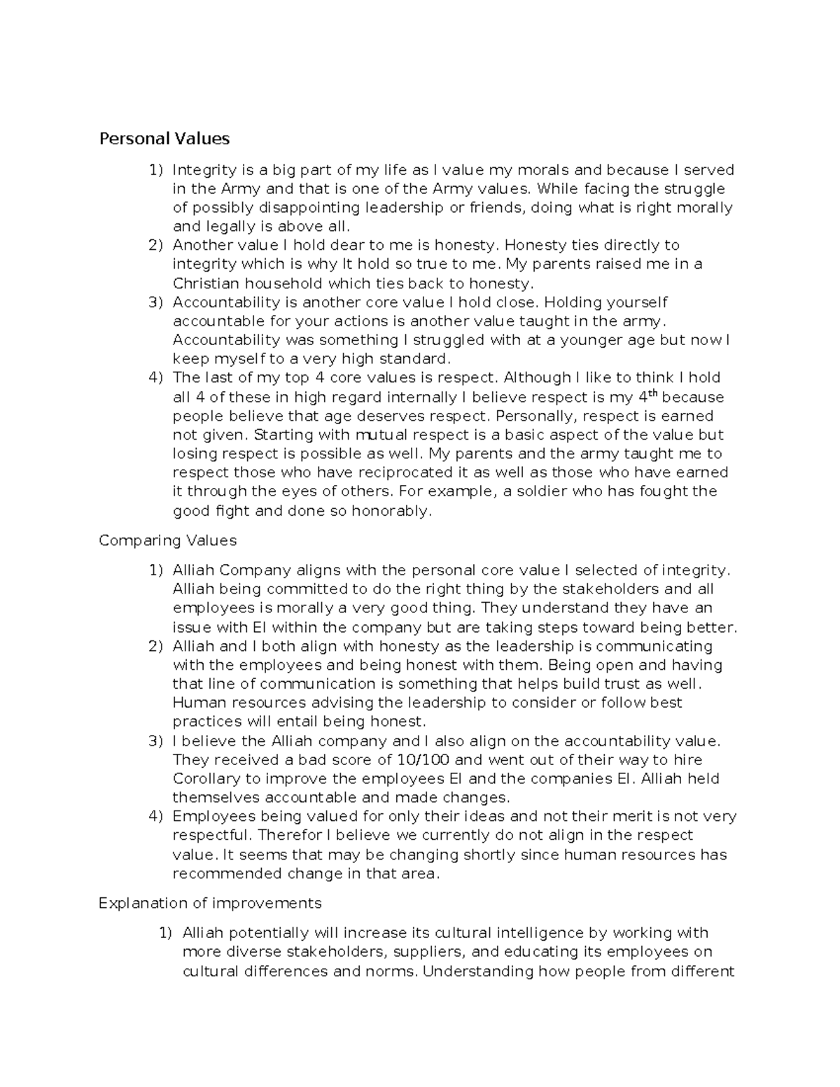 Task 2 for D082 - D082 task 2 - Personal Values 1) Integrity is a big ...