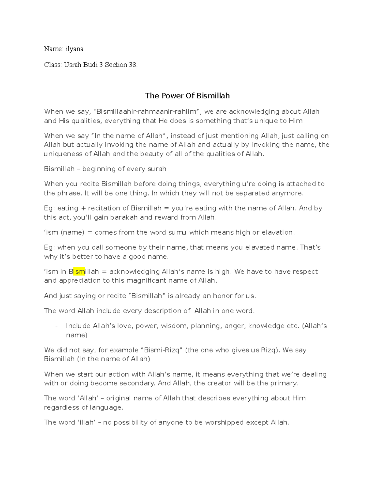 The power of Bismillah - I GOT AN A FOR THIS COURSE - Name: ilyana ...