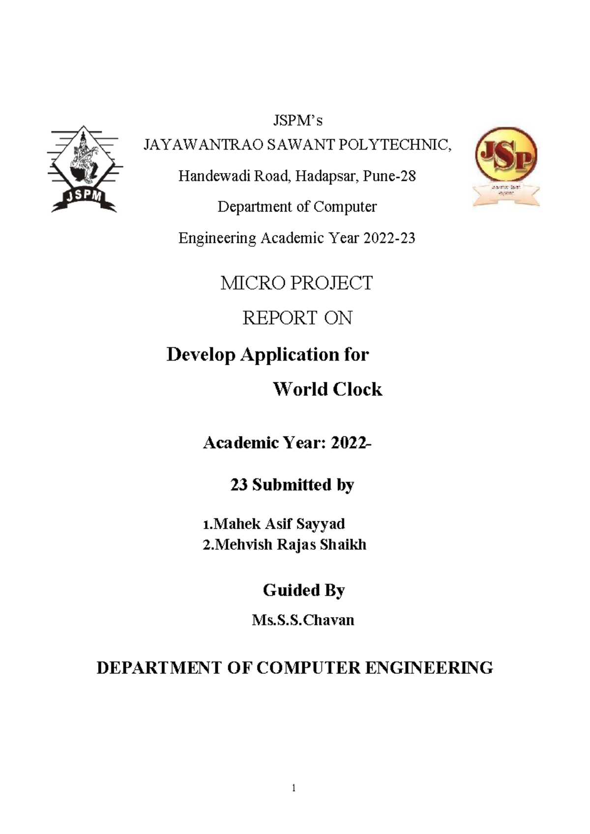 Pwp Microproject () - rbv zvb xc - JSPM’s JAYAWANTRAO SAWANT POLYTECHNIC, Handewadi Road ...