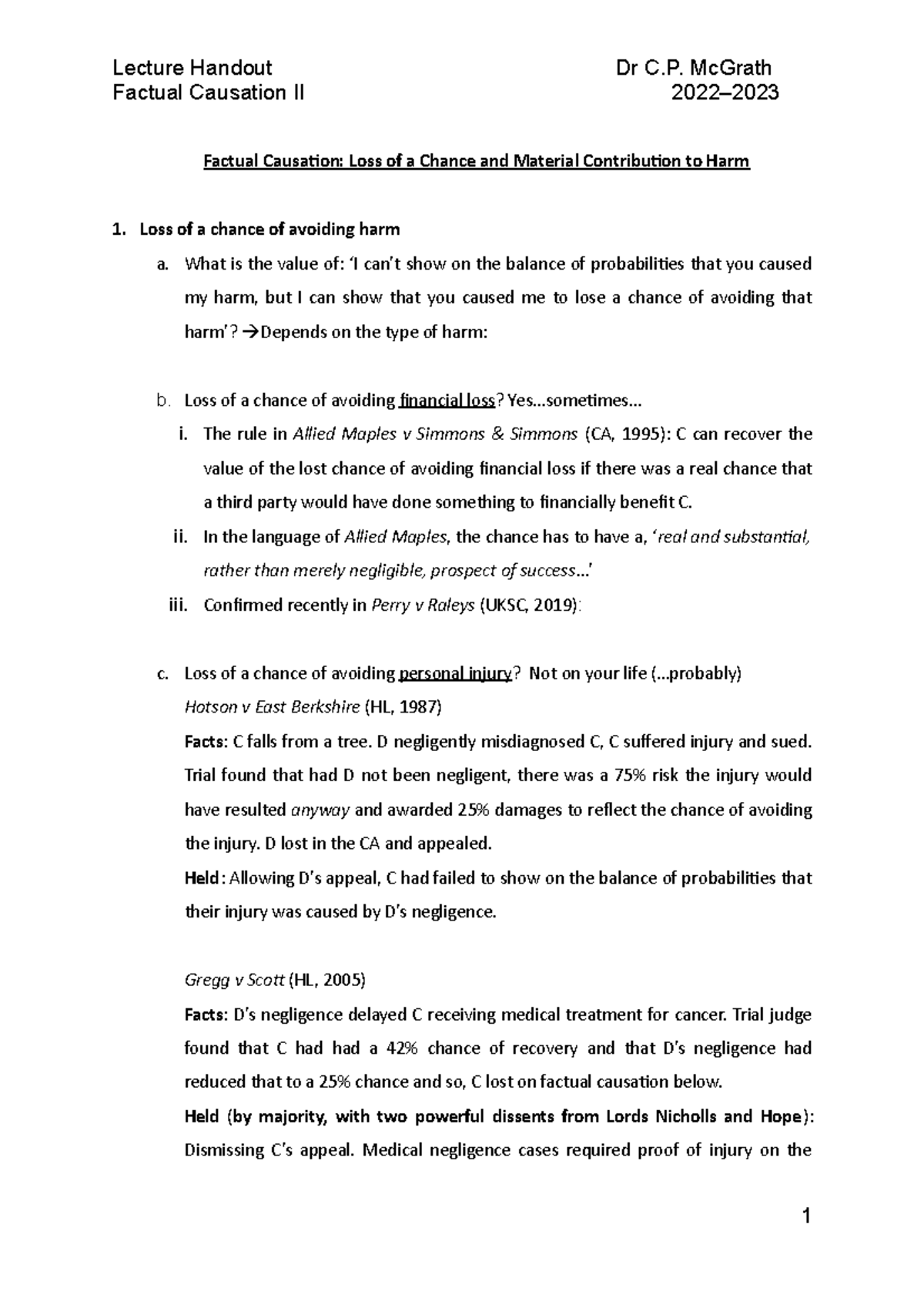 Factual Causation Handout II - Factual Causation II 2022– Factual ...
