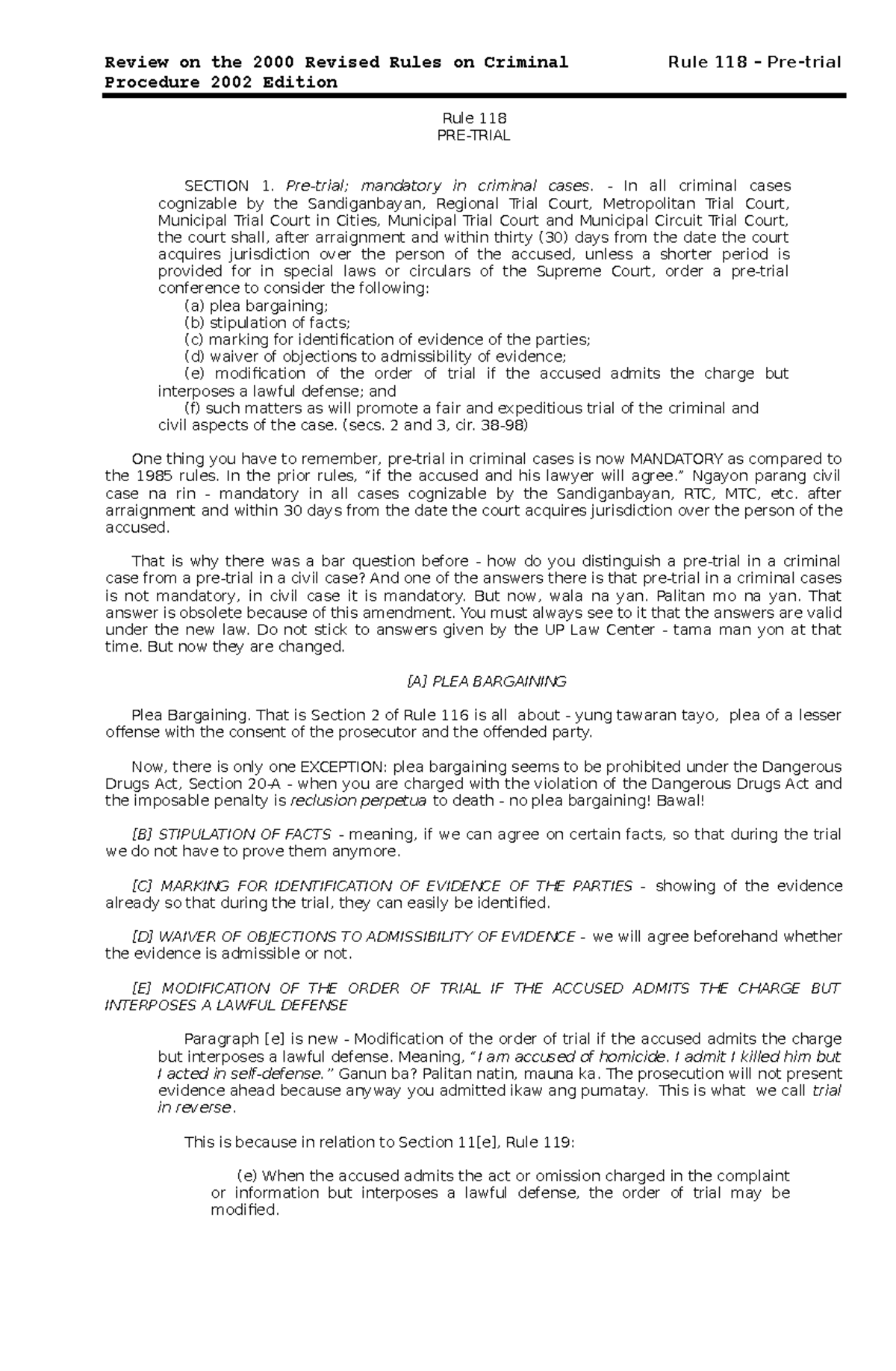 Rule 118-Pre-Trial - REVIEWER - Procedure 2002 Edition Rule 118 PRE ...