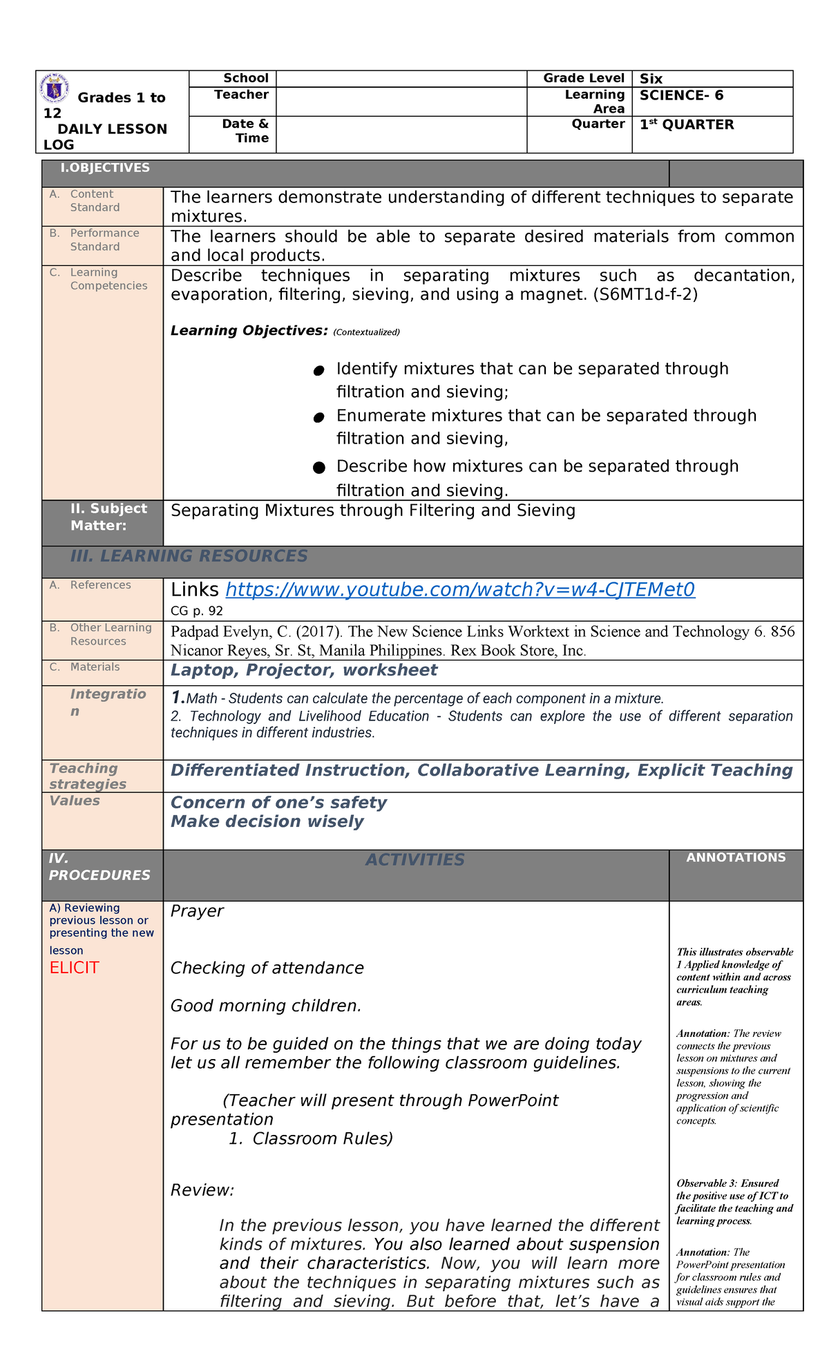 Q1 science 6 Separating Mixtures detailed - Grades 1 to 12 DAILY LESSON ...