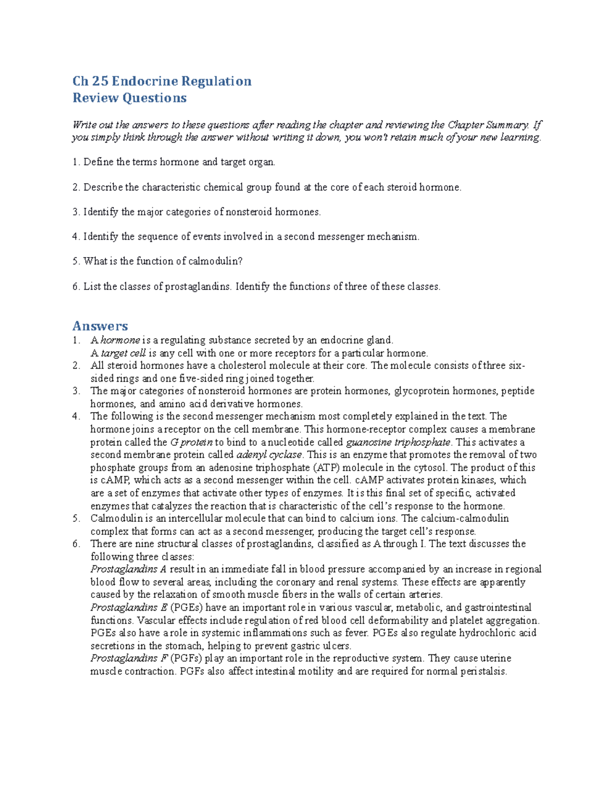 Ch 25 Endocrine Regulation Review Q&A - Ch 25 Endocrine Regulation ...