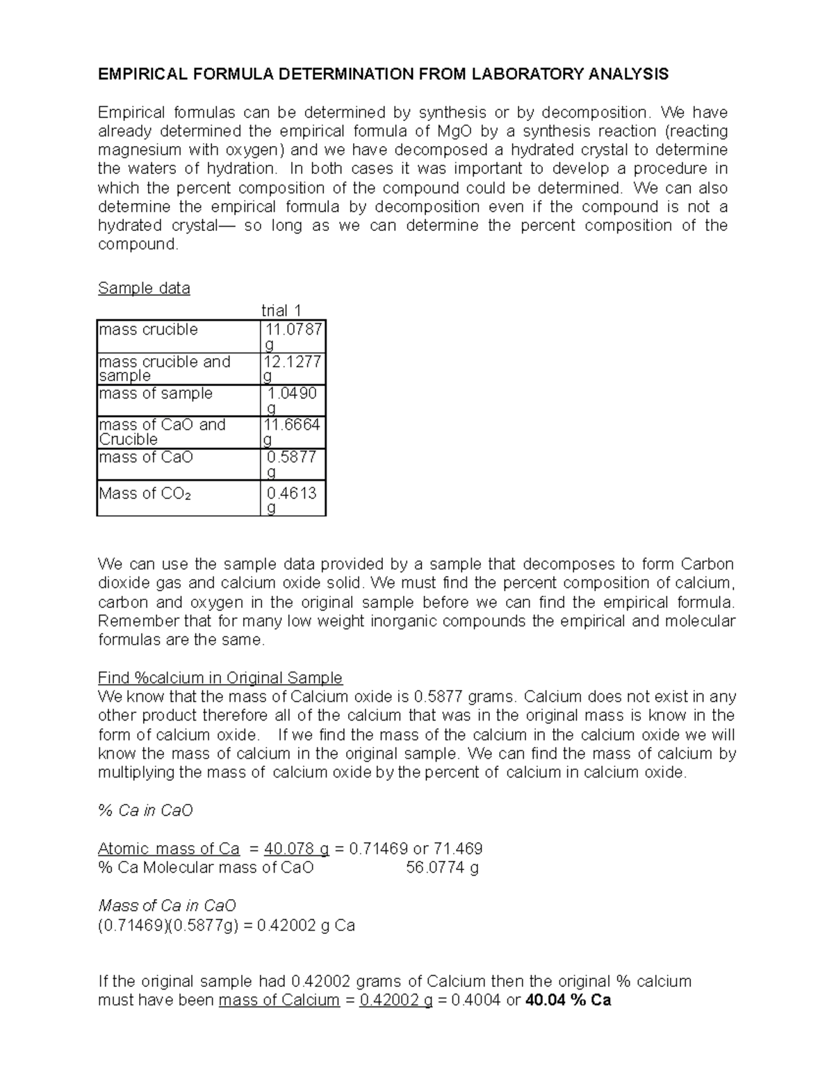 Empirical Formula Determination FROM Laboratory Analysis - EMPIRICAL ...