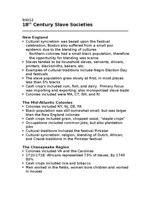 9-13 Southern Slavery - Lecture notes 4 - 9/13/12 Southern Slavery ...