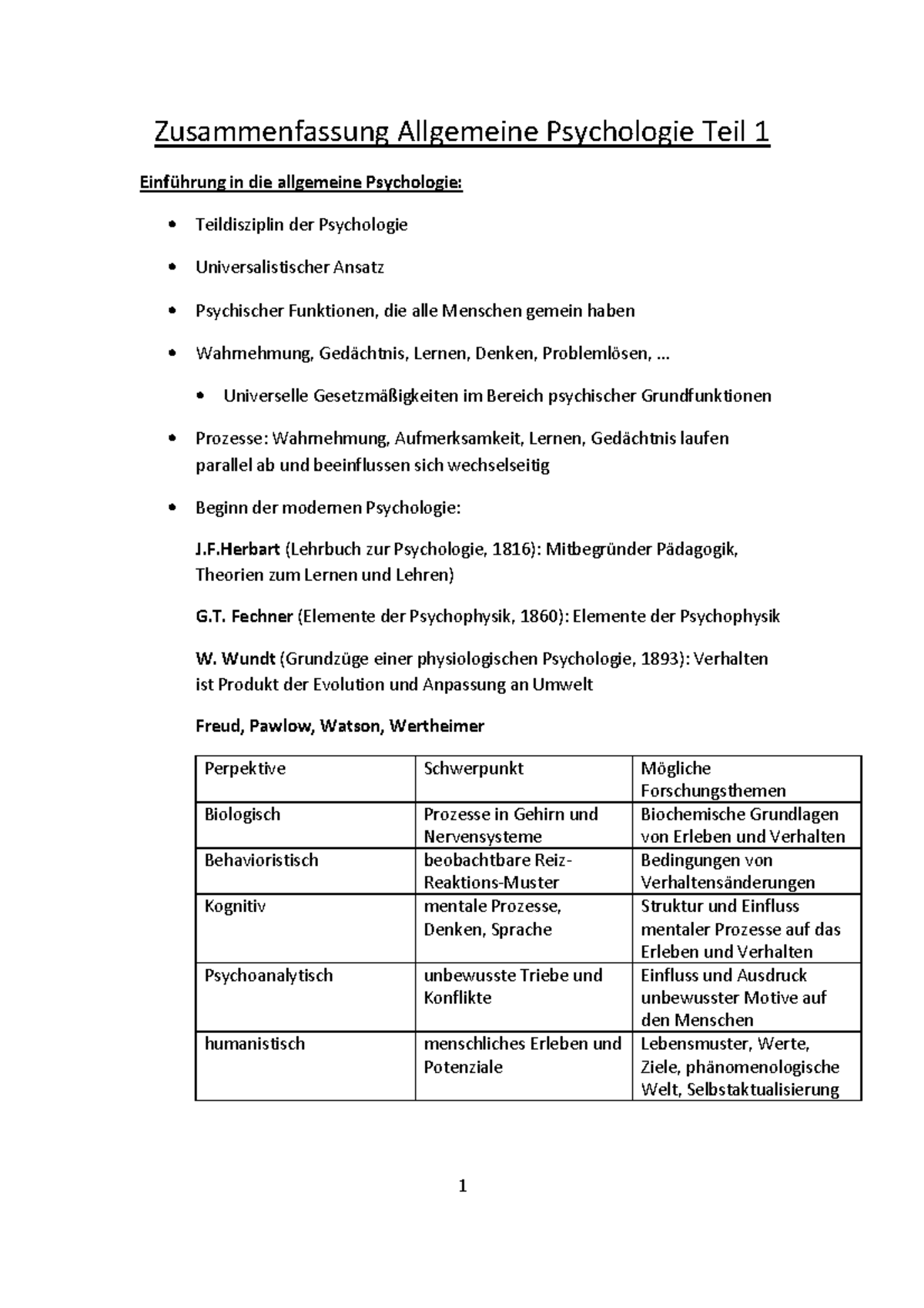 Zusammenfassung 1. Teil - Zusammenfassung Allgemeine Psychologie Teil 1 Einführung in die ...