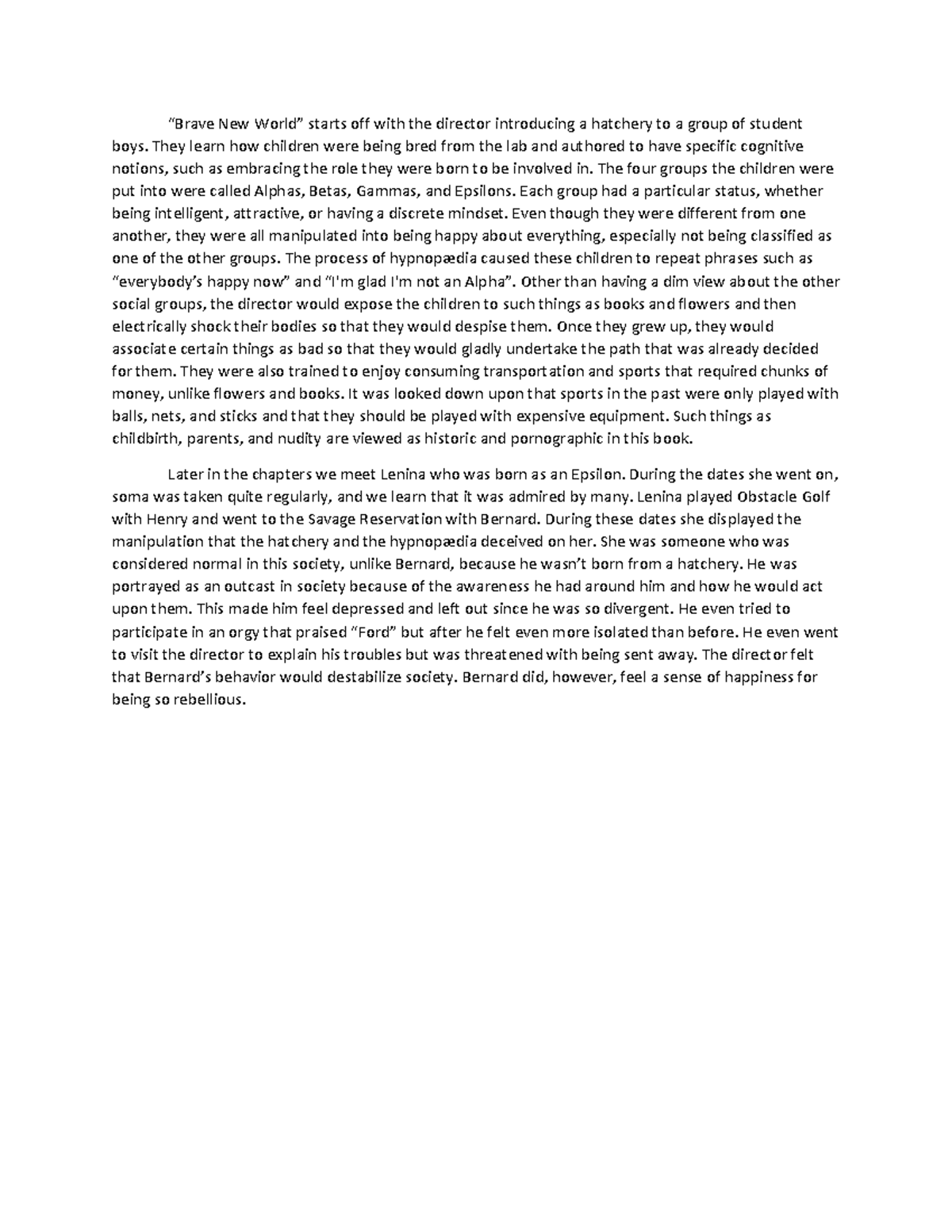 BNW Journal 1 - Summary of the beginning chapters of the book. - Brave ...