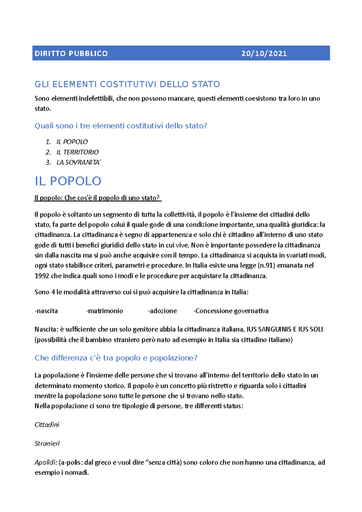 Gli Elementi Costitutivi Dello Stato - DIRITTO PUBBLICO 20/10/ GLI ELEMENTI COSTITUTIVI DELLO ...