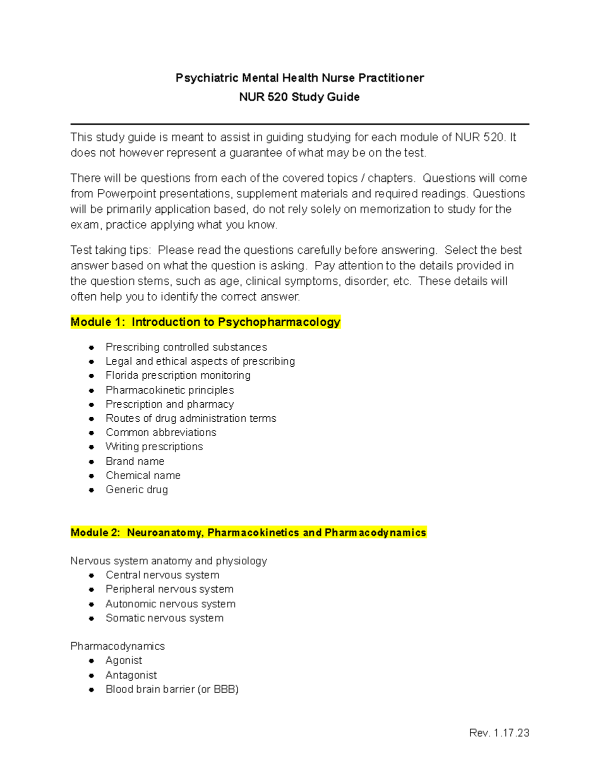Study Topics NUR 520 2023 - Psychiatric Mental Health Nurse ...