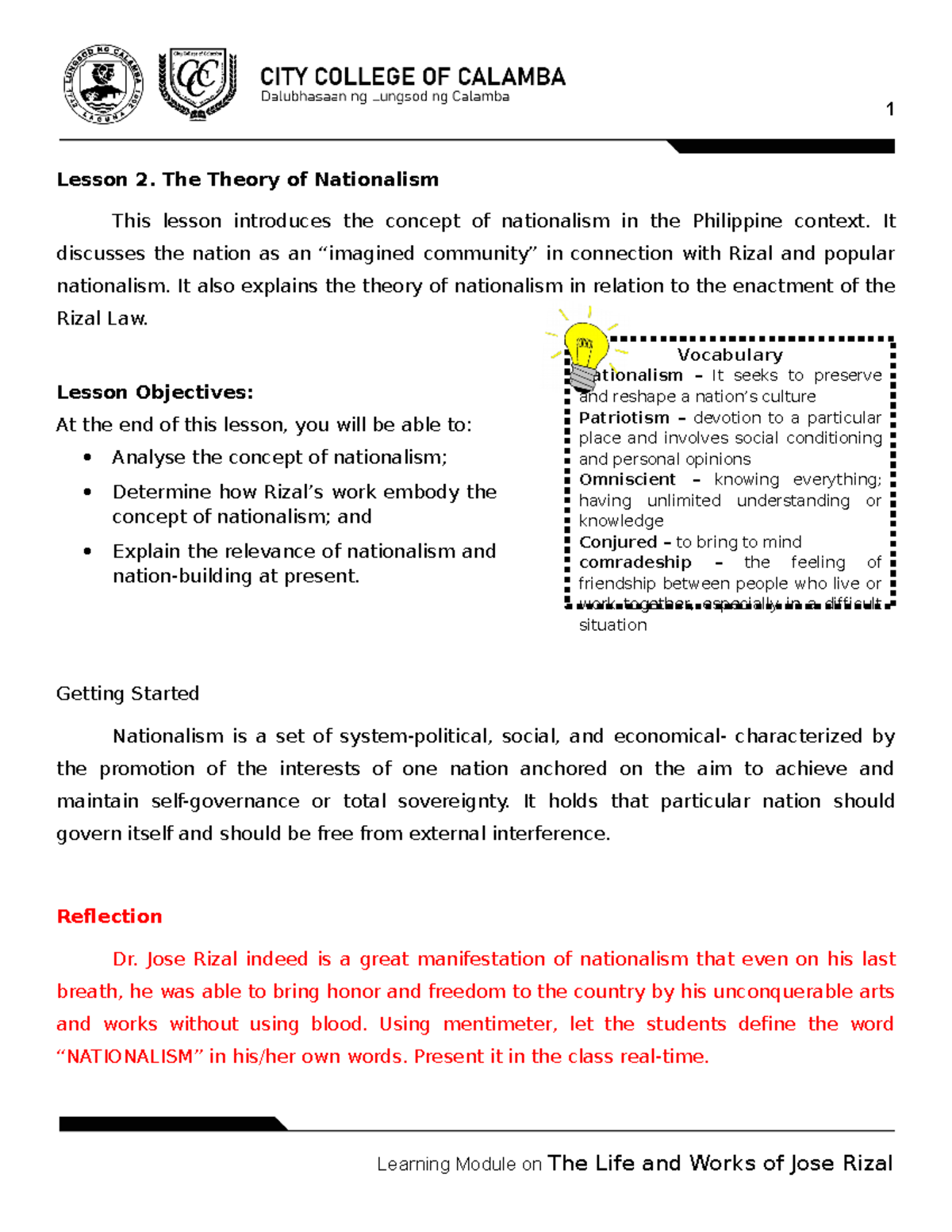 Lesson 2 and 3 Nationalism and 19th11 - Lesson 2. The Theory of ...