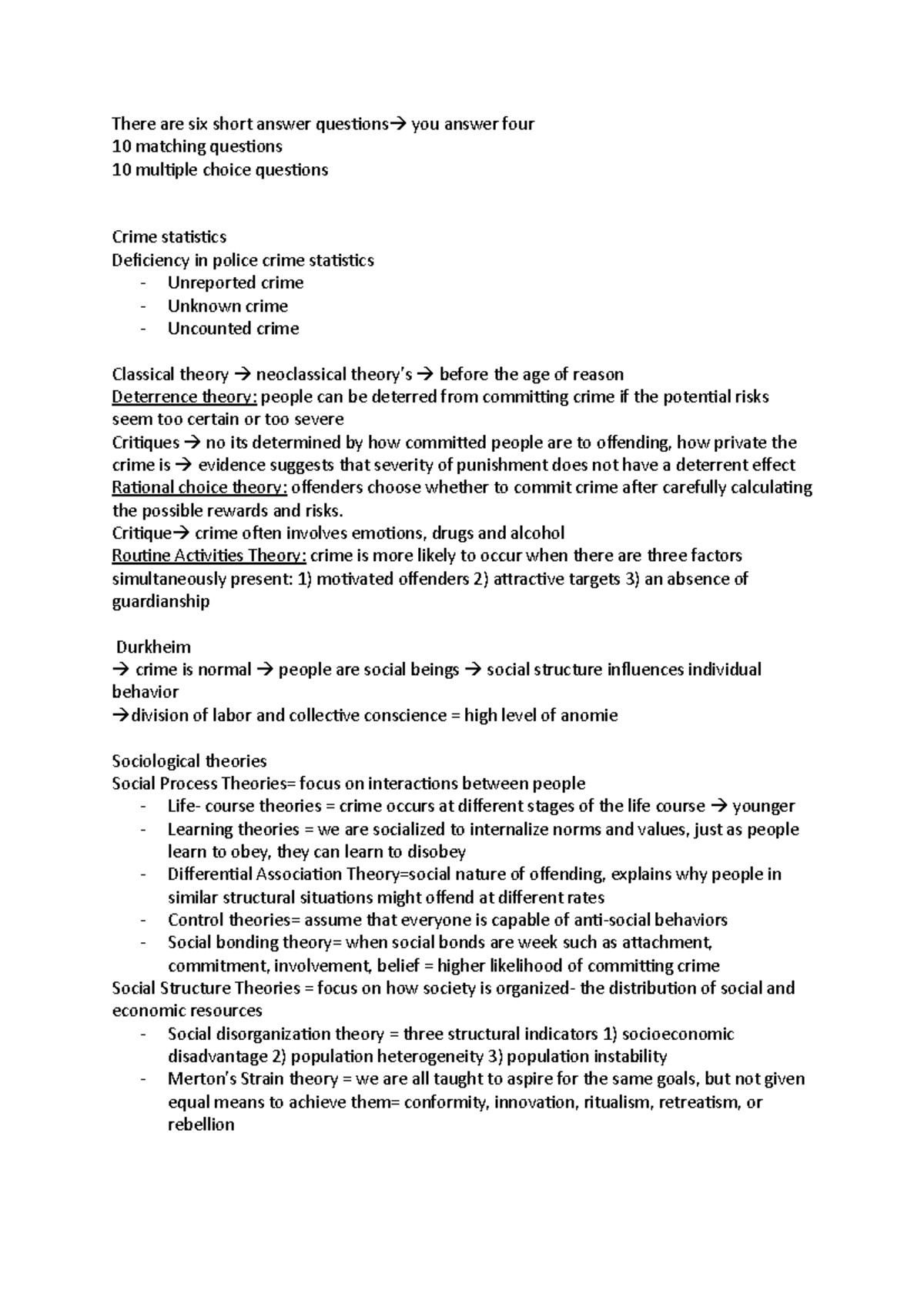 Soci Test - notes for the in class test - There are six short answer ...