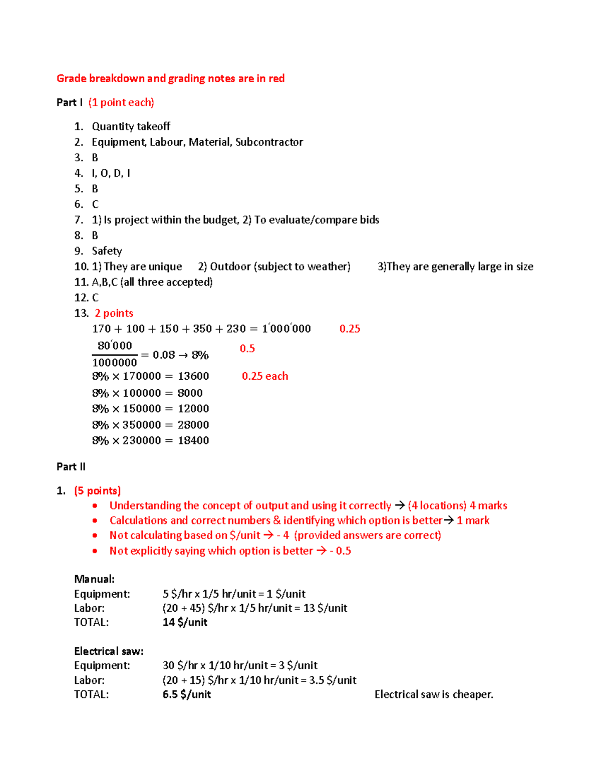 Midterm Answer Key - Grade breakdown and grading notes are in red Part ...
