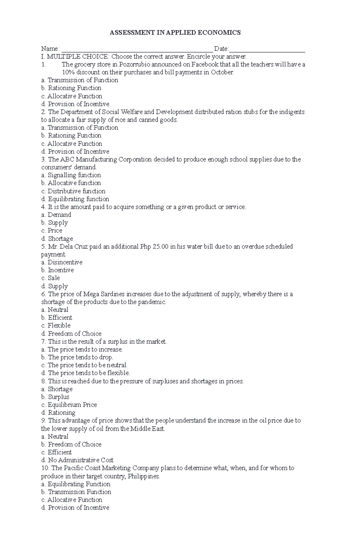 Economics QUIZ - An assessment about the market pricing. - ASSESSMENT ...