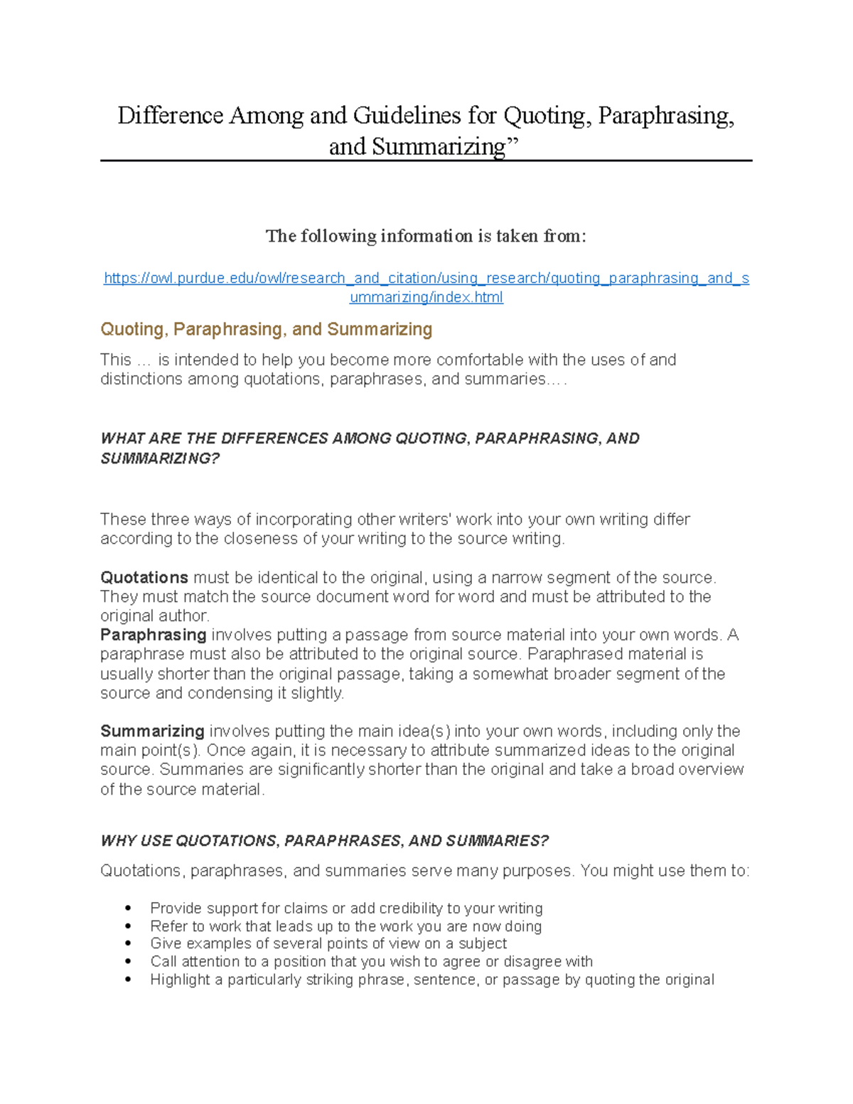 Difference Among and Guidelines for Quoting Summarizing and ...