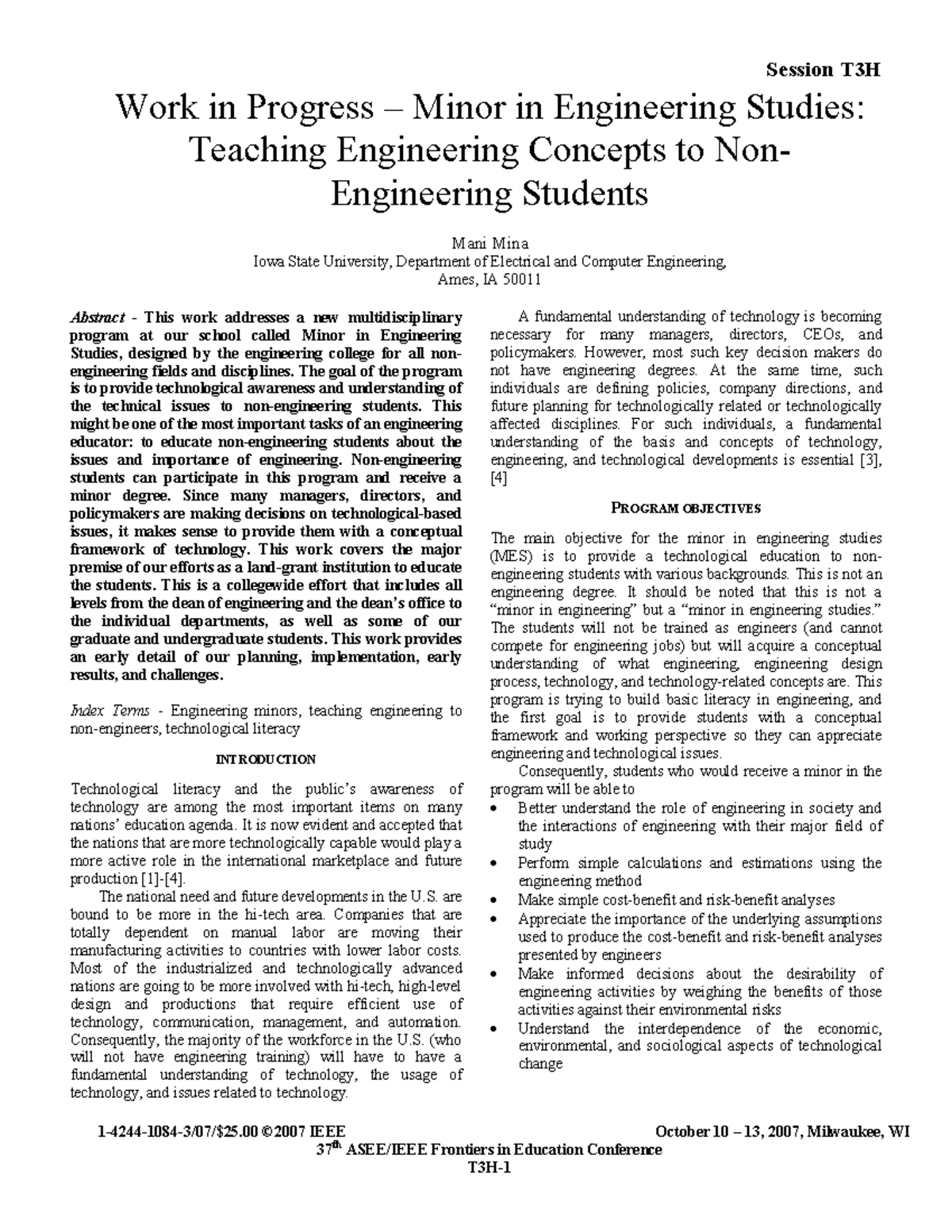 Work in Progress – Minor in Engineering Studies: - Session T3H 1-4244 ...