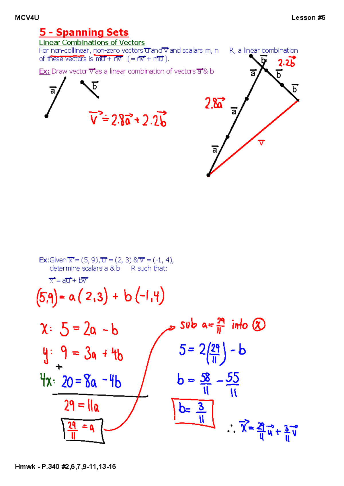 Spanning Sets Notes - MCV4U Hmwk P #2,5,7,911, Lesson 5 Spanning Sets ...