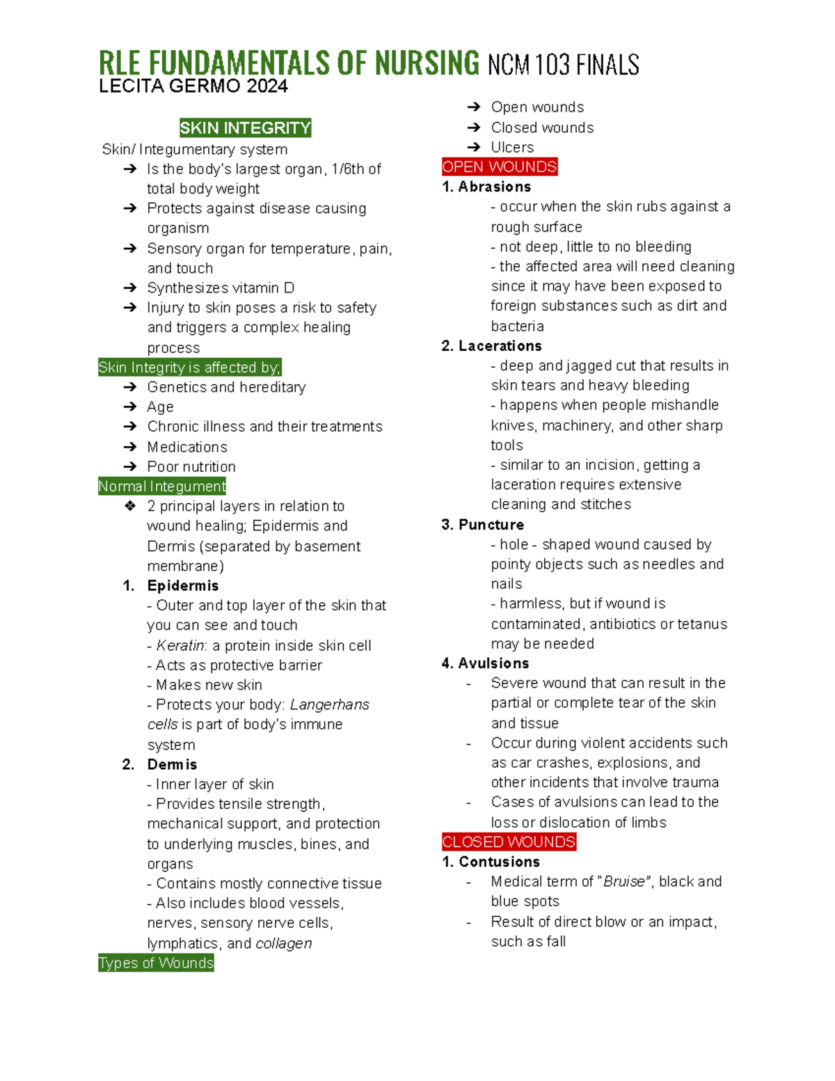 Funda Finals - assignment - LECITA GERMO 2024 SKIN INTEGRITY Skin/ Integumentary system Is the ...