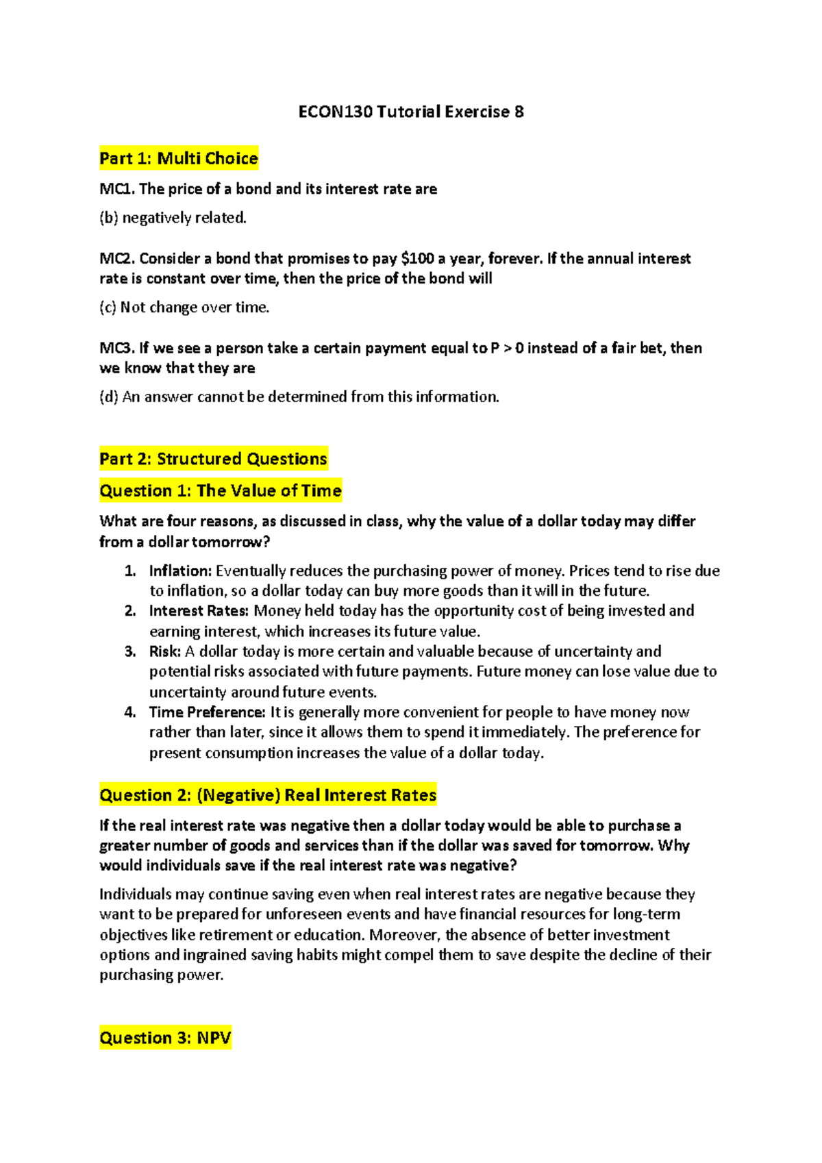 ECON130 Tutorial Exercise 8 (3/3) - ECON130 Tutorial Exercise 8 Part 1: Multi Choice MC1. The ...