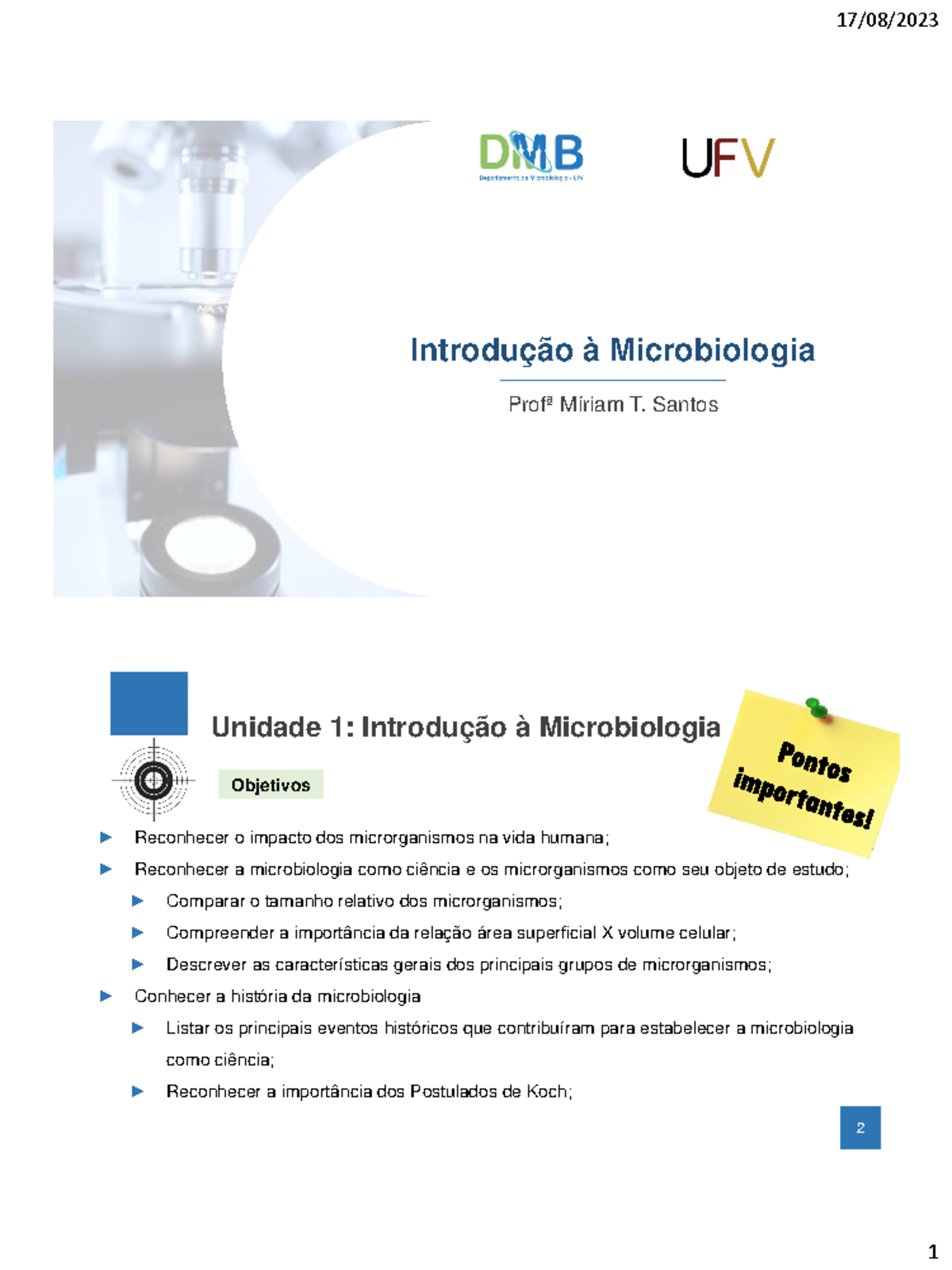 Aula 1 - Introdução e Histórico da Microbiologia - MBI103 - 2024 ...