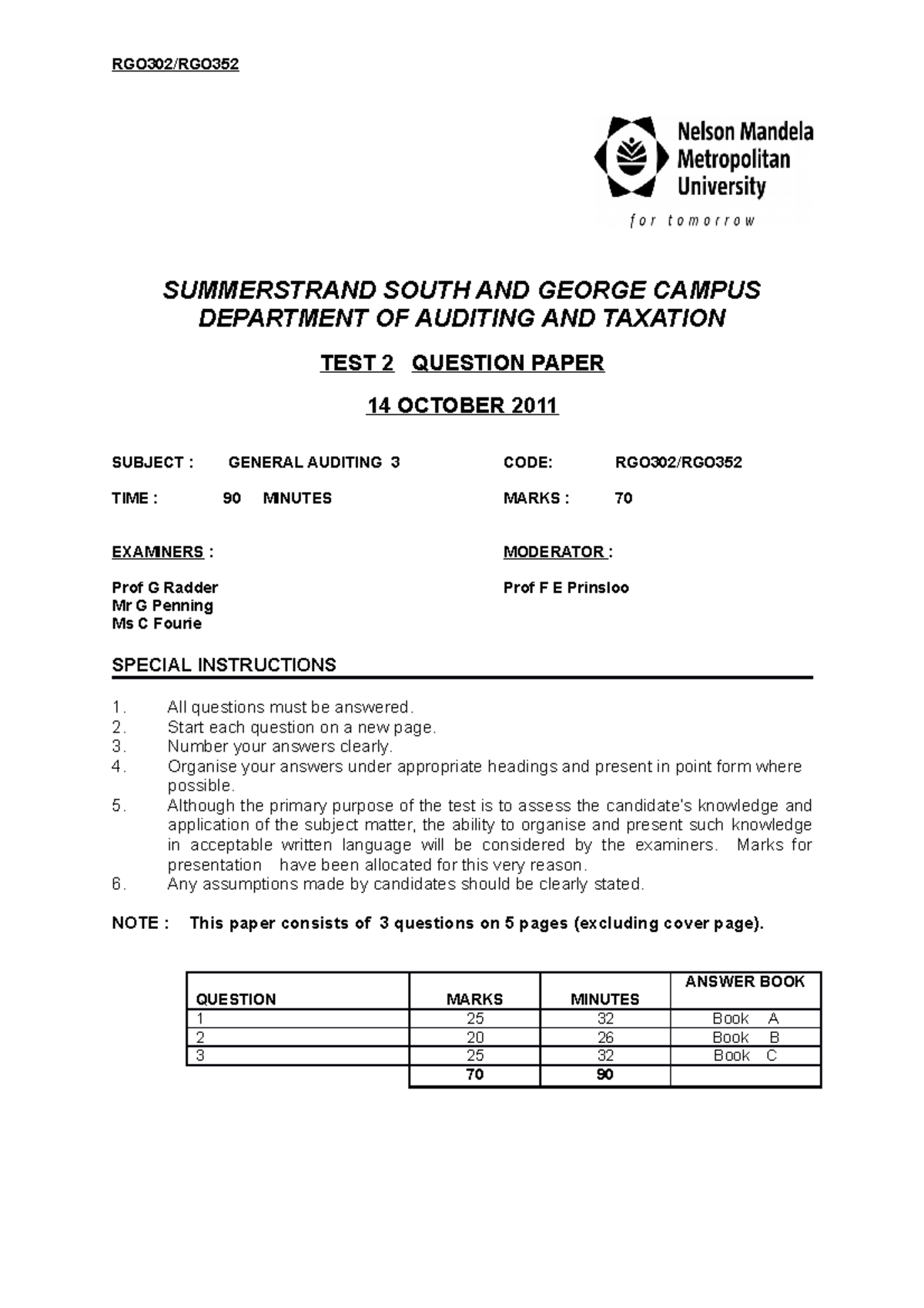 RGO302 Q Test 2 - SUMMERSTRAND SOUTH AND GEORGE CAMPUS DEPARTMENT OF ...