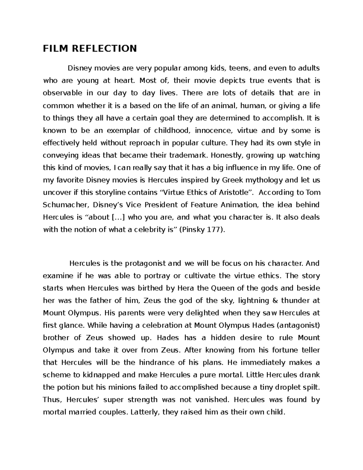 FILM Reflection - FILM REFLECTION Disney movies are very popular among ...