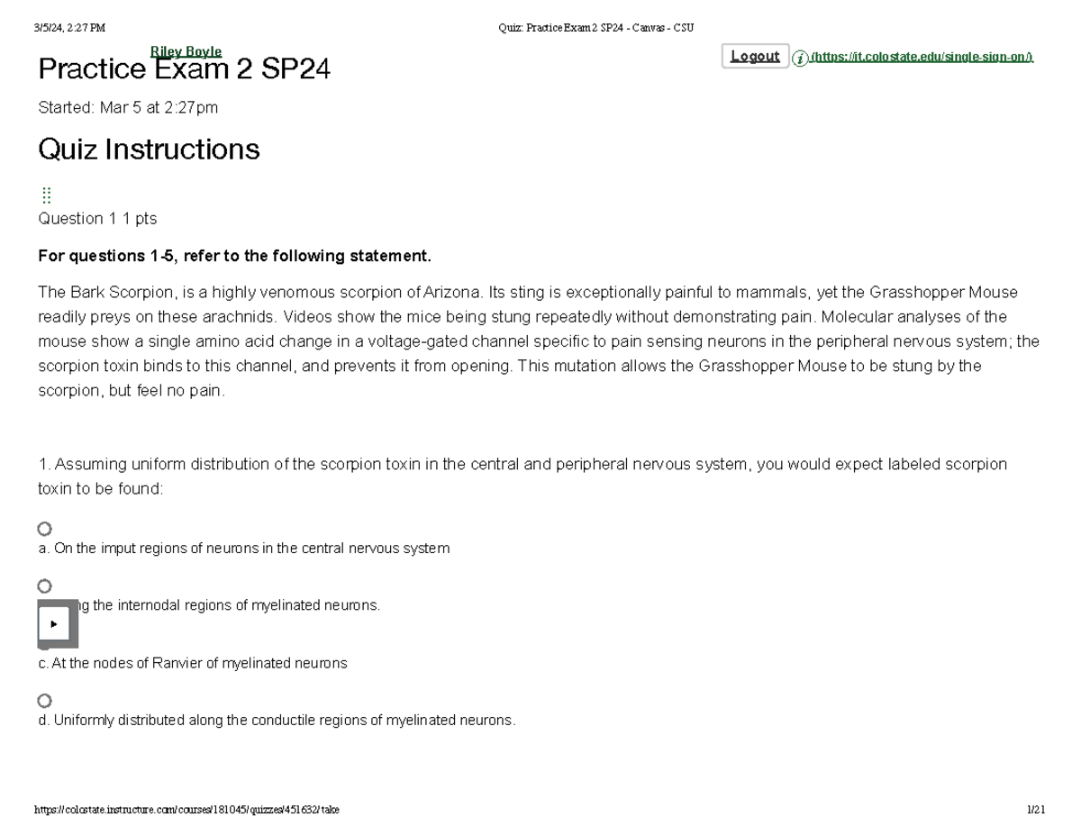 Practice Exam 2 SP24 bms 300 - Practice Exam 2 SP2 4 Started: Mar 5 at 2:27pm Quiz Instructions ...