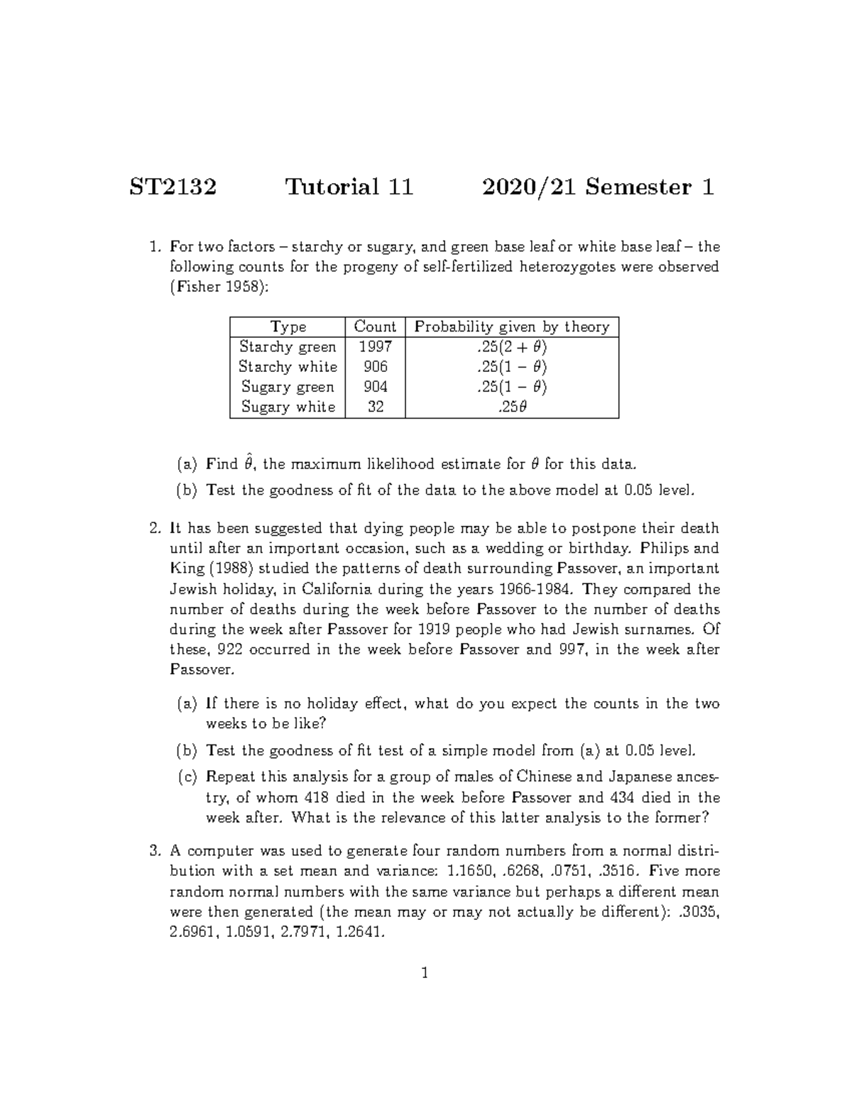 St2132 tut11 - My solution for tutorial 11 of week 13 - ST2132 Tutorial 11 2020/21 Semester 1 ...