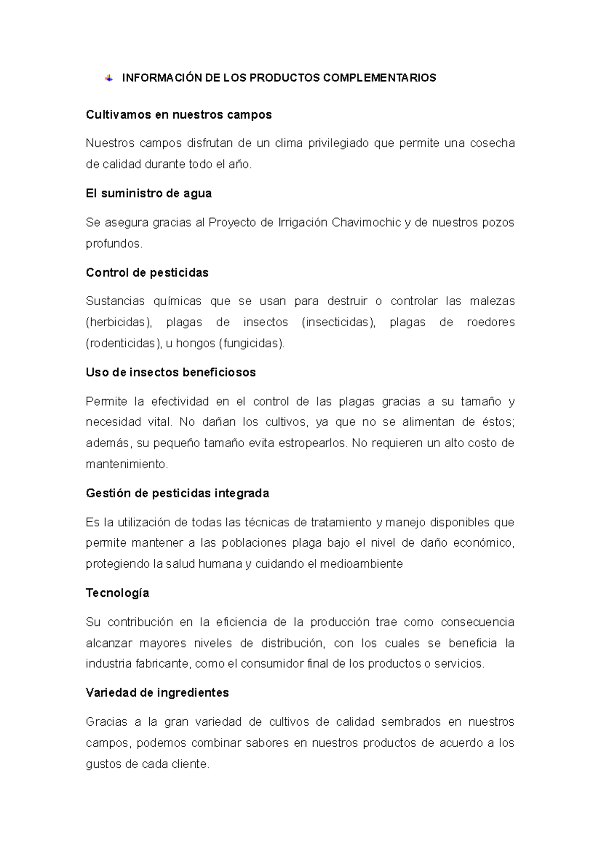 Información DE LOS Productos Complementarios - INFORMACIÓN DE LOS ...