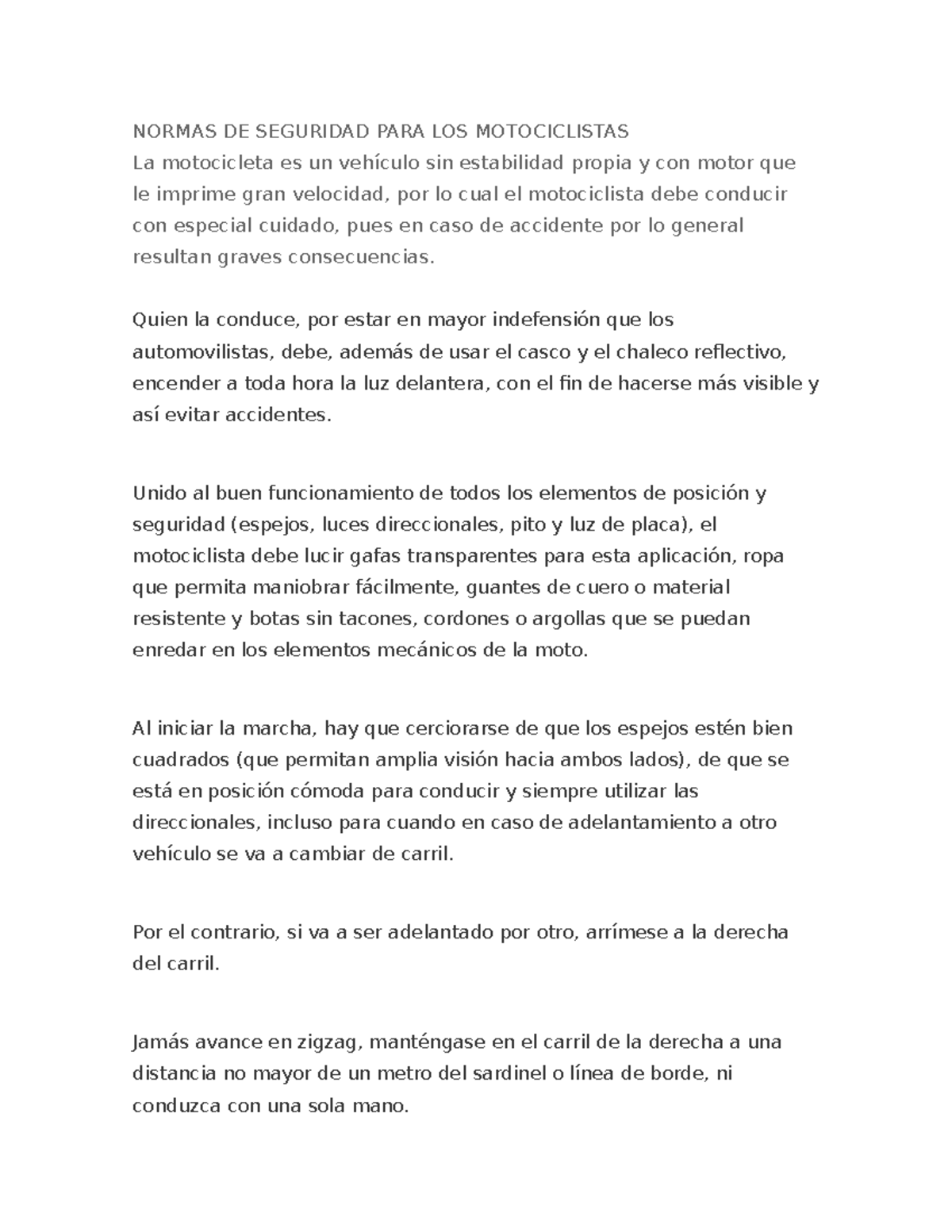 Normas DE Seguridad PARA LOS Motociclistas - NORMAS DE SEGURIDAD PARA ...