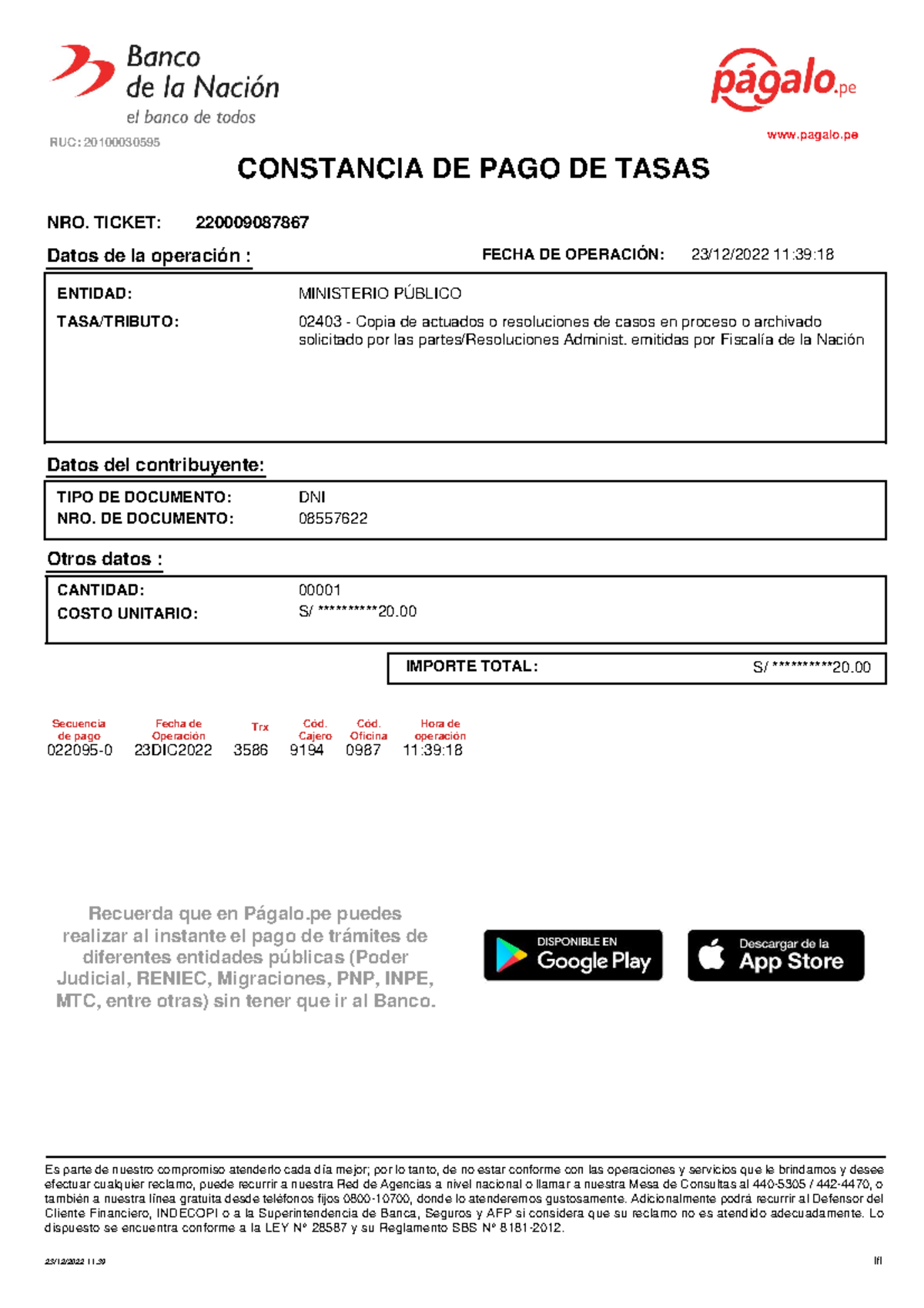 Constancia (23) - fyjtuj - CONSTANCIA DE PAGO DE TASAS RUC: 20100030595 pagalo FECHA DE ...