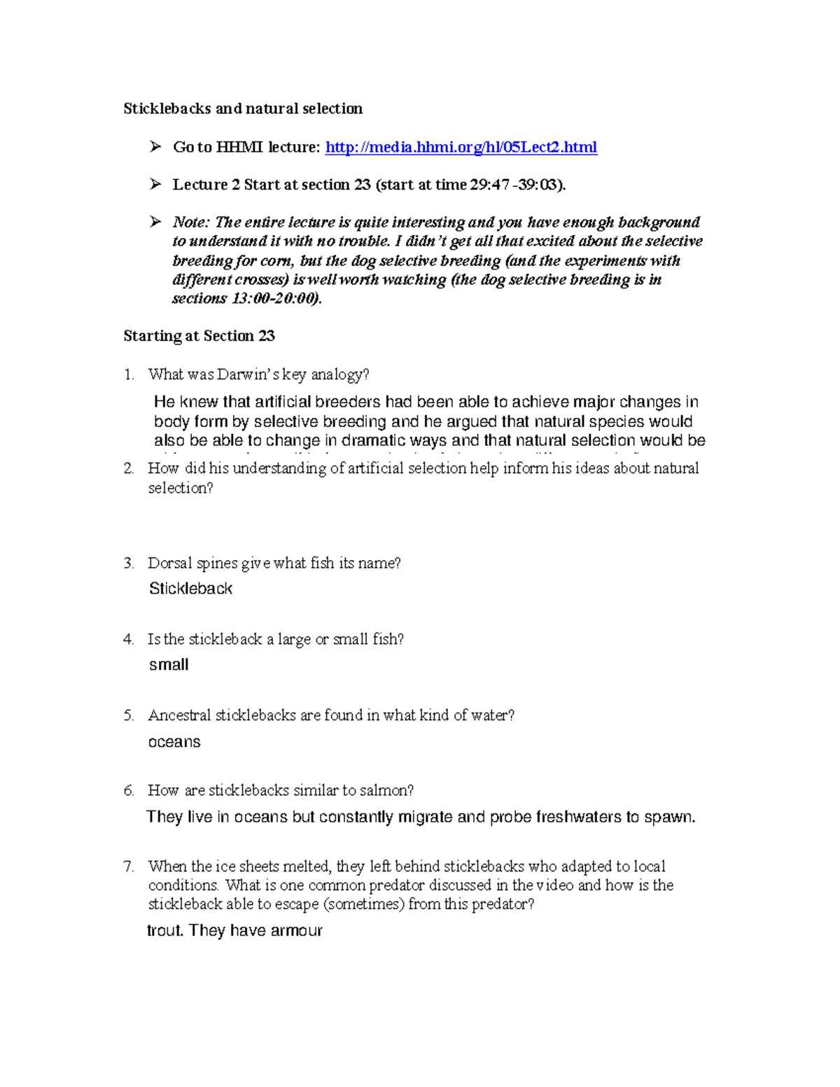 Stickleback and selectionv 2 - Sticklebacks and natural selection Ø Go ...