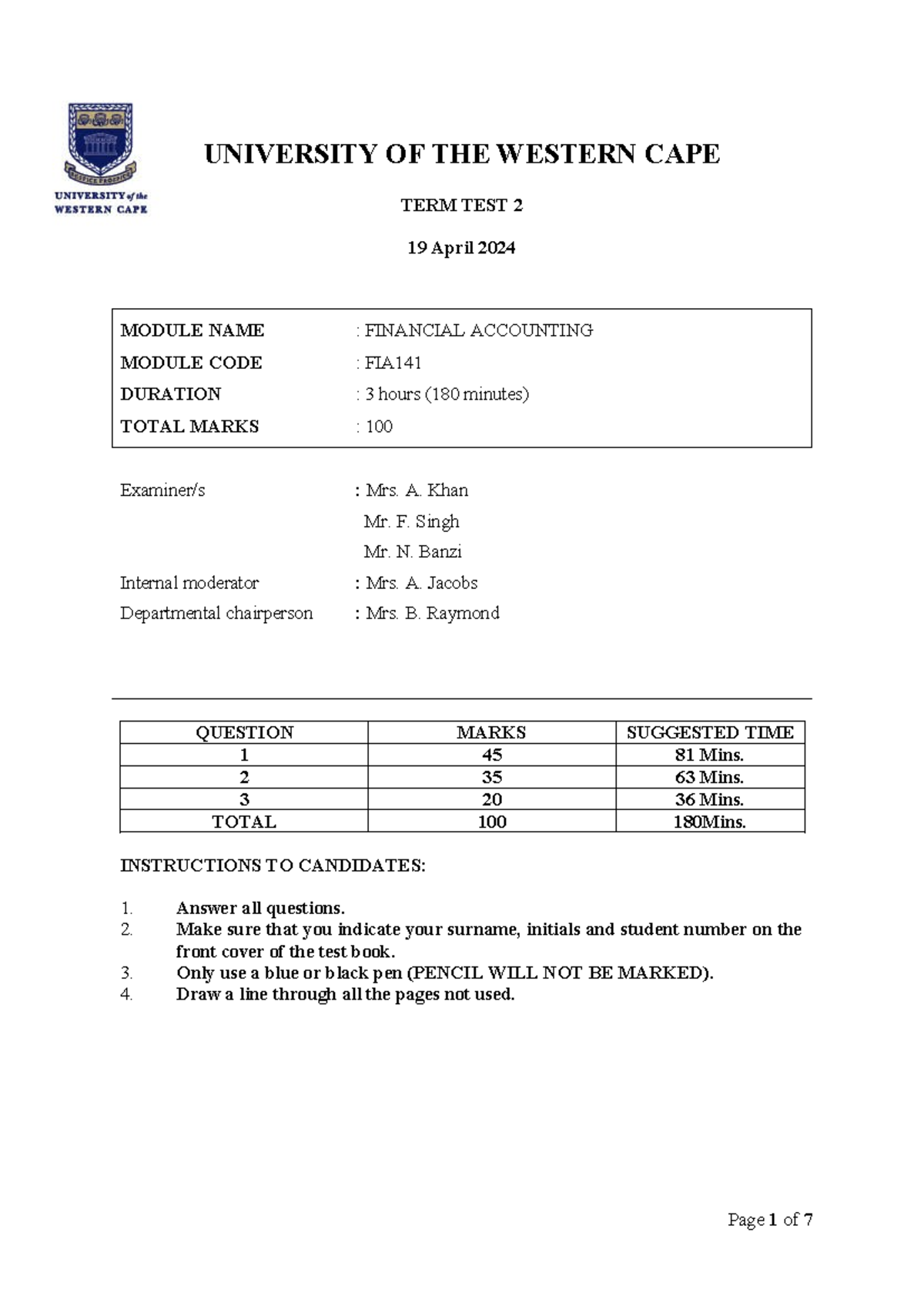 FIA 141 Term Test 2 2024 - Moderated - UNIVERSITY OF THE WESTERN CAPE ...