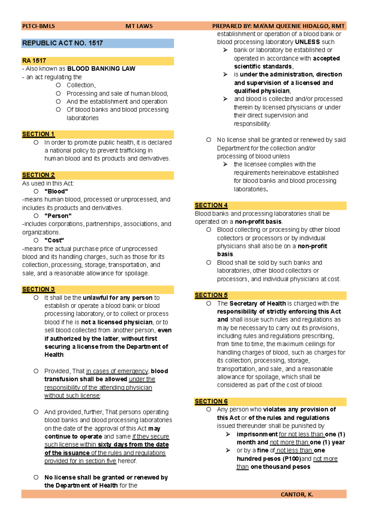 MT LAWS AND BIOETHICS - REPUBLIC ACT NO. 1517 RA 1517 Also known as ...