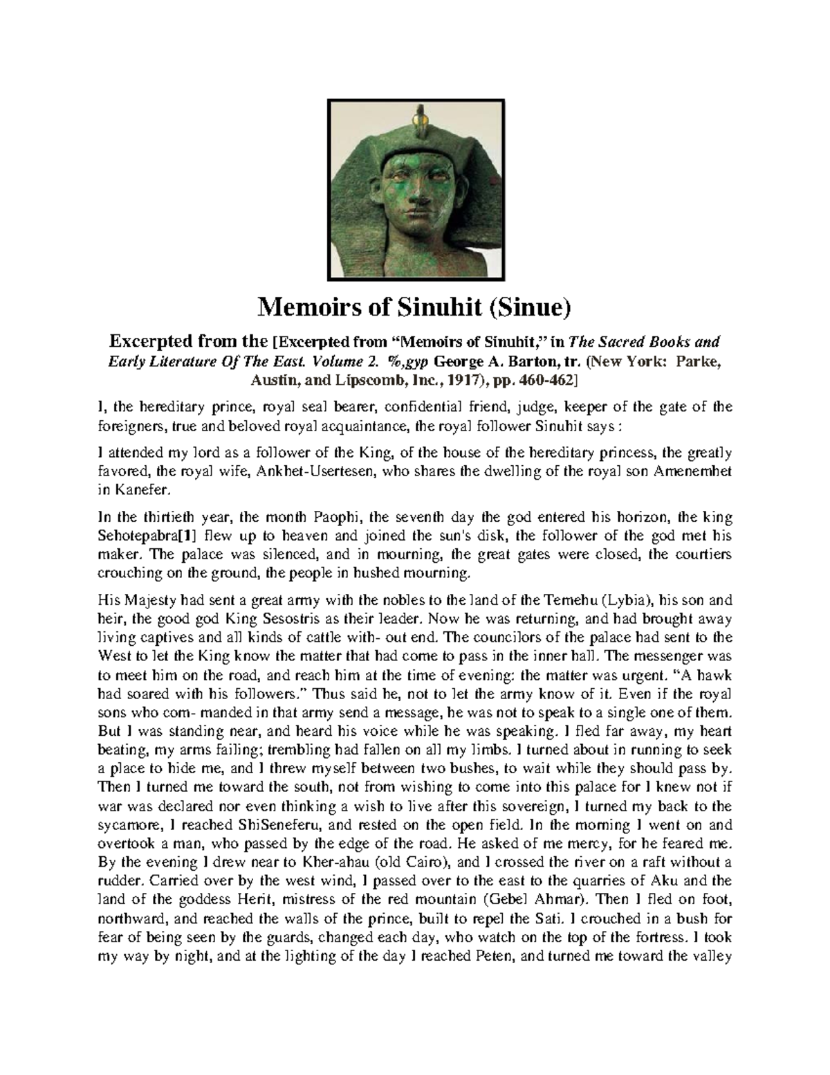 Memoirs of Sinuit (Sinue) Notes - Memoirs of Sinuhit (Sinue) Excerpted ...