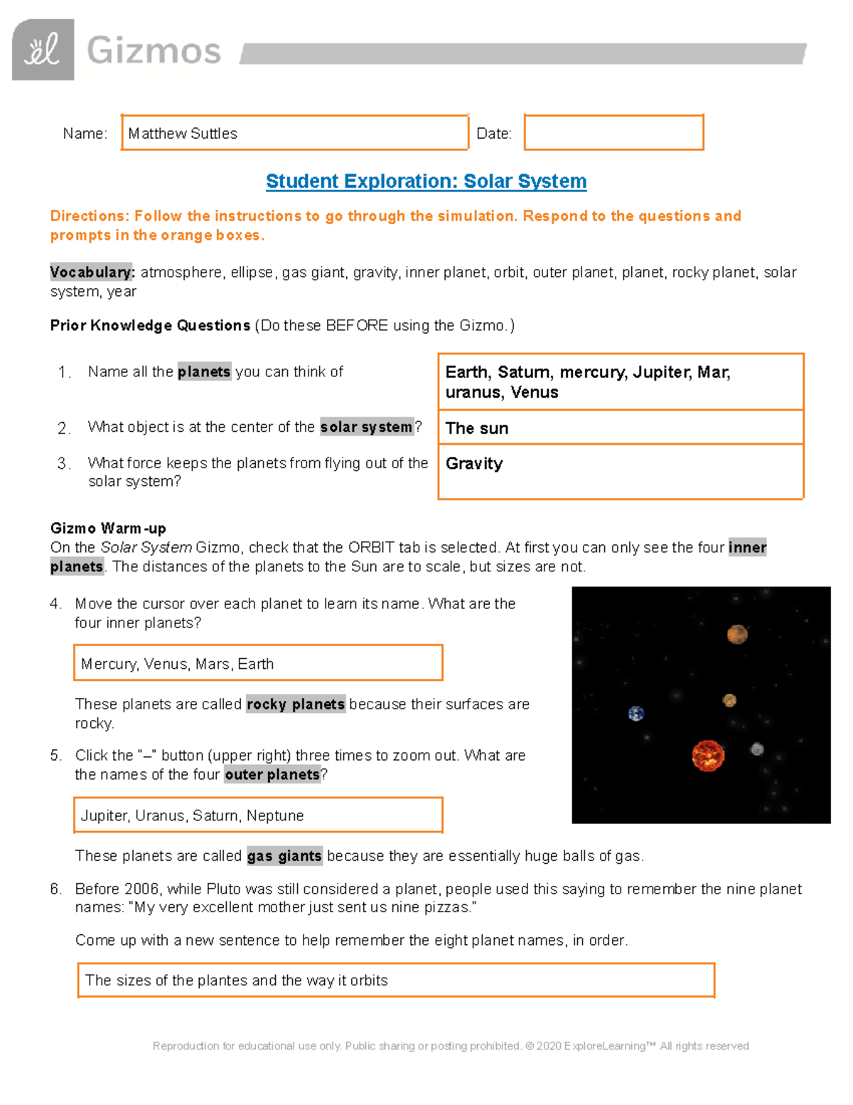 Copy of Solar System SE - djkzxc - Name: Matthew Suttles Date: Student ...