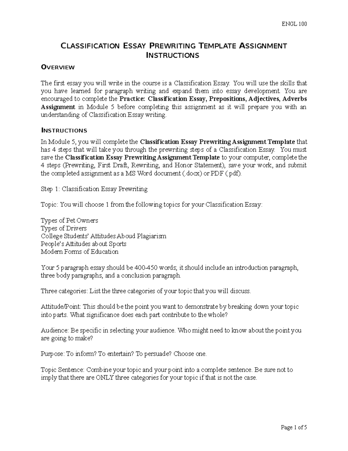 Classification Essay Prewriting Template Assignment Instructions ...