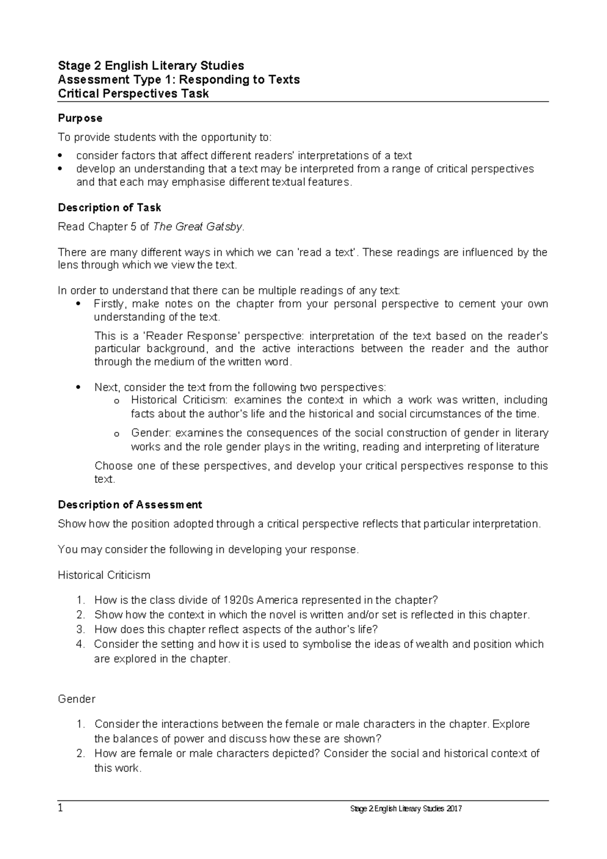 Critical Perspectives - The Great Gatsby B+ grade - Stage 2 English ...