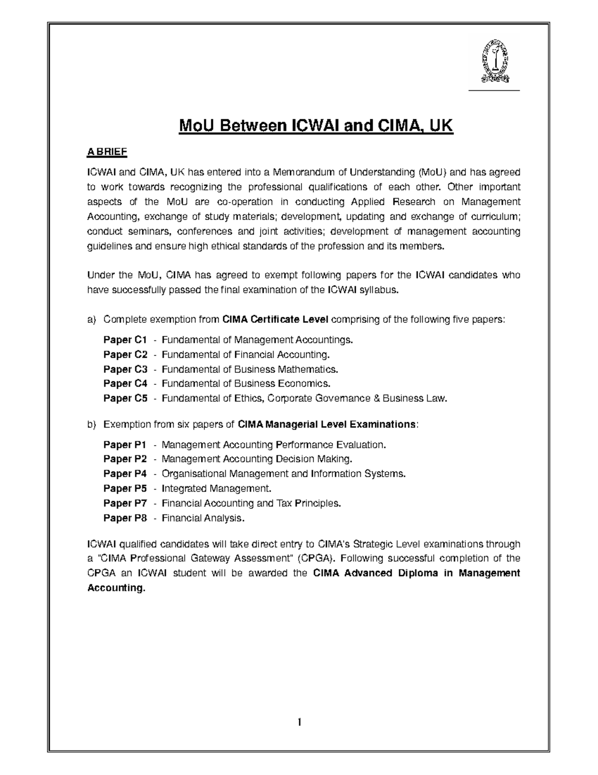 Mou cima - Cert lev - 1 MoU Between ICWAI and CIMA, UK A BRIEF ICWAI ...