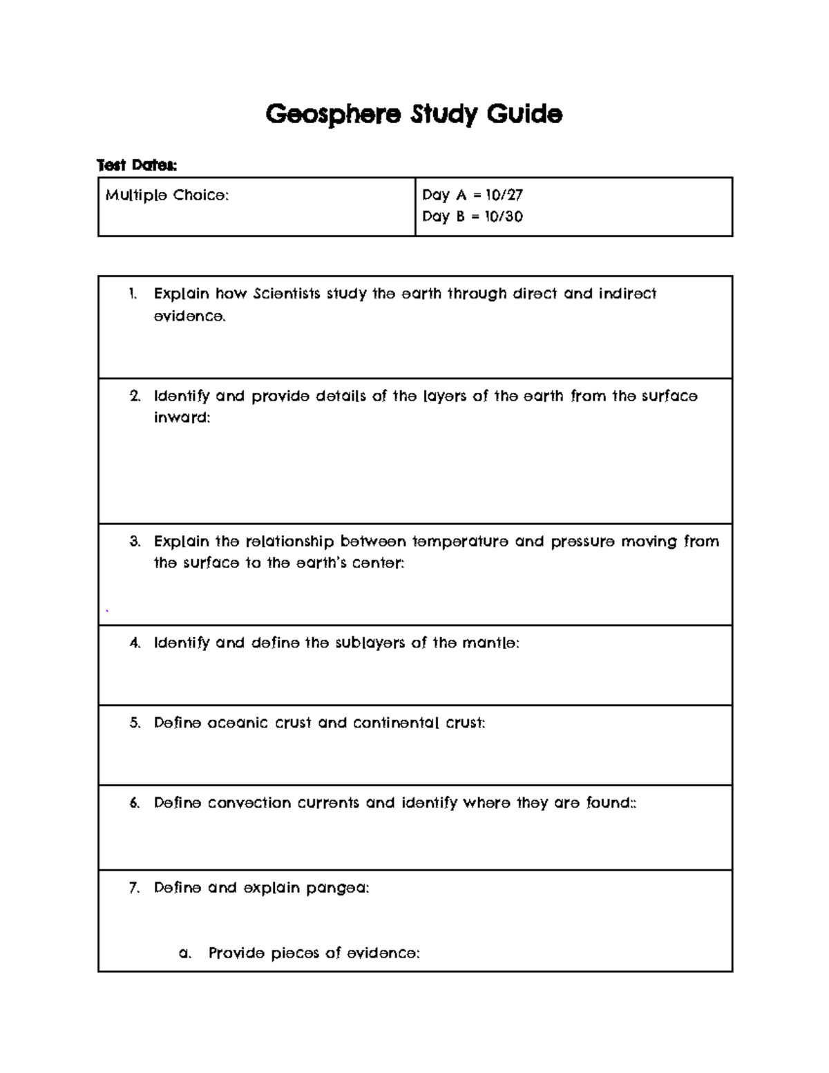 Geosphere Study Guide - wdse - Geosphere Study Guide Test Dates ...