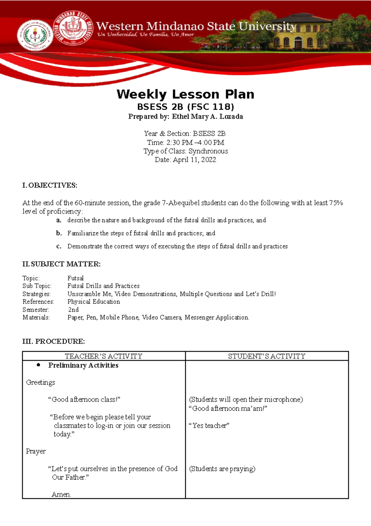 Lesson Plan for Observation Ethel Mary Lozada - Weekly Lesson Plan ...