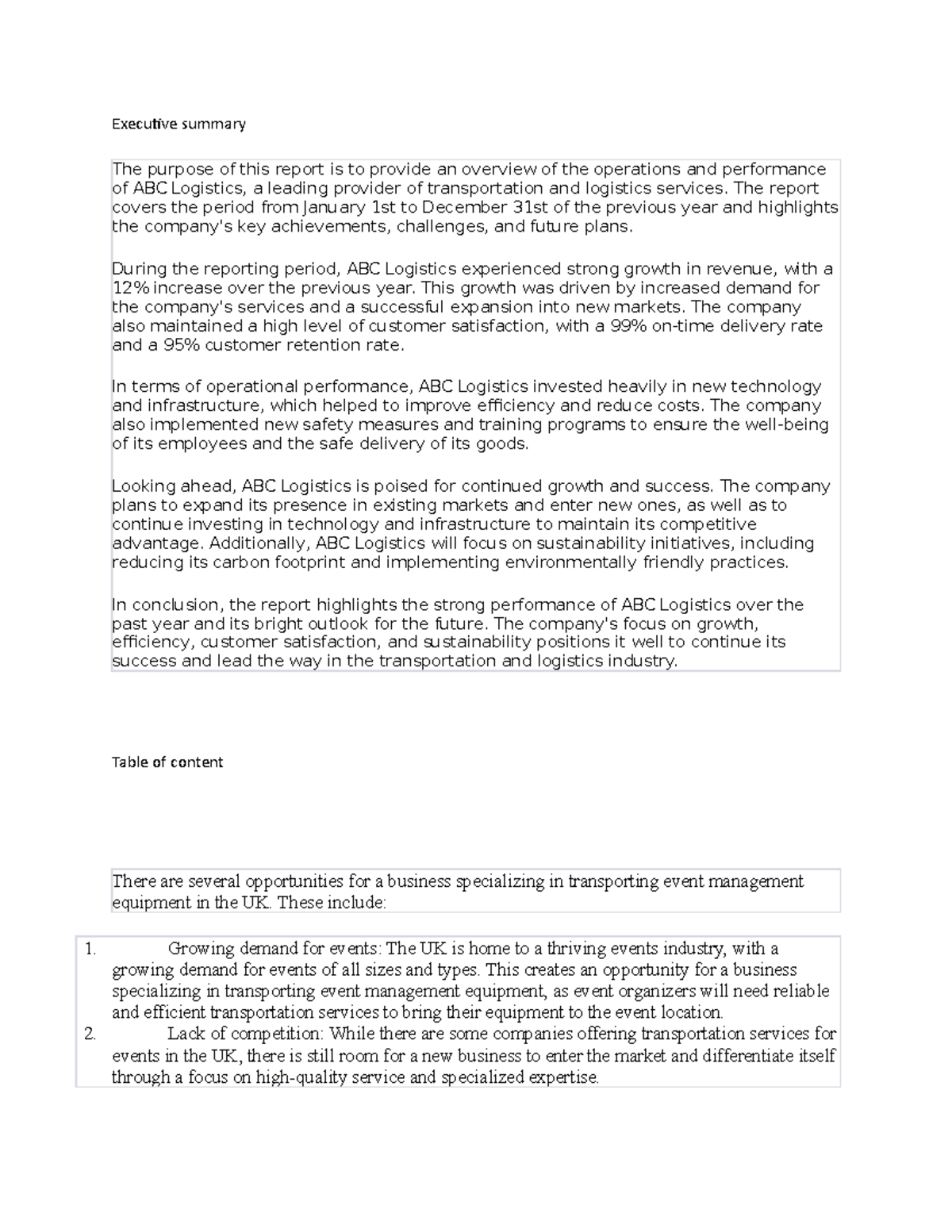 Word part - logistics industry - Executive summary The purpose of this ...