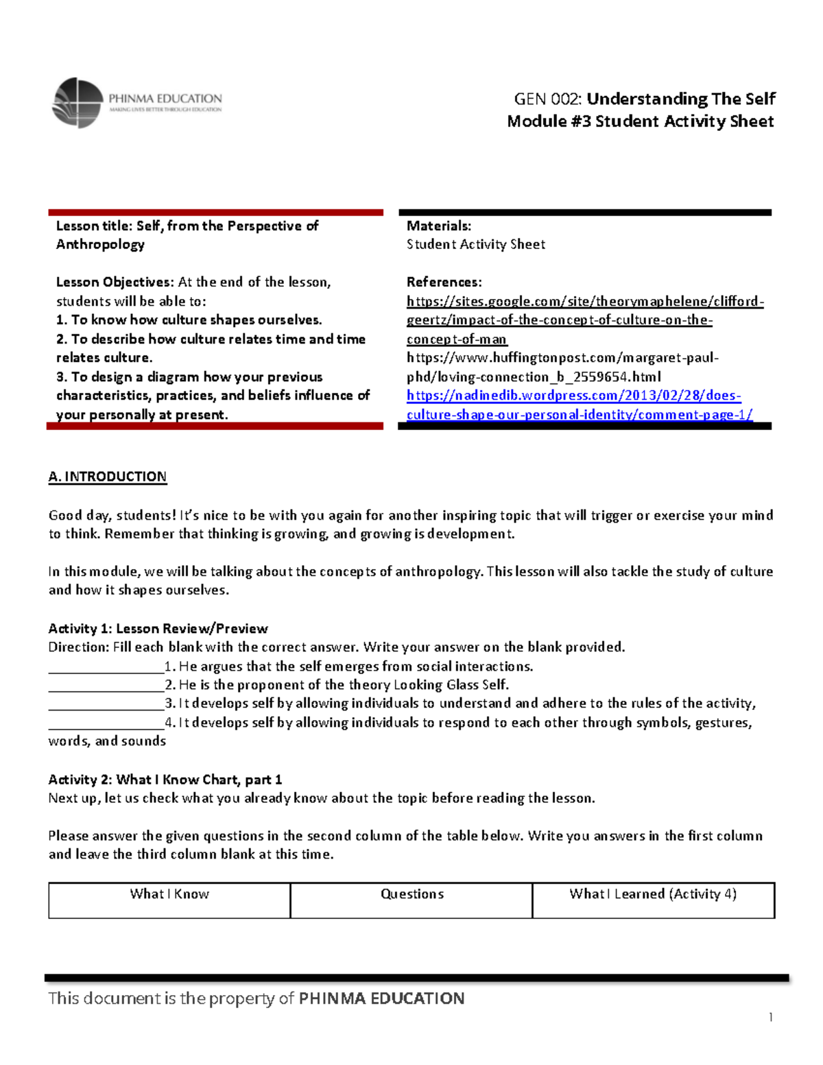 SAS#3-GEN 002 - Understanding Self - Module # 3 Student Activity Sheet This document is the ...