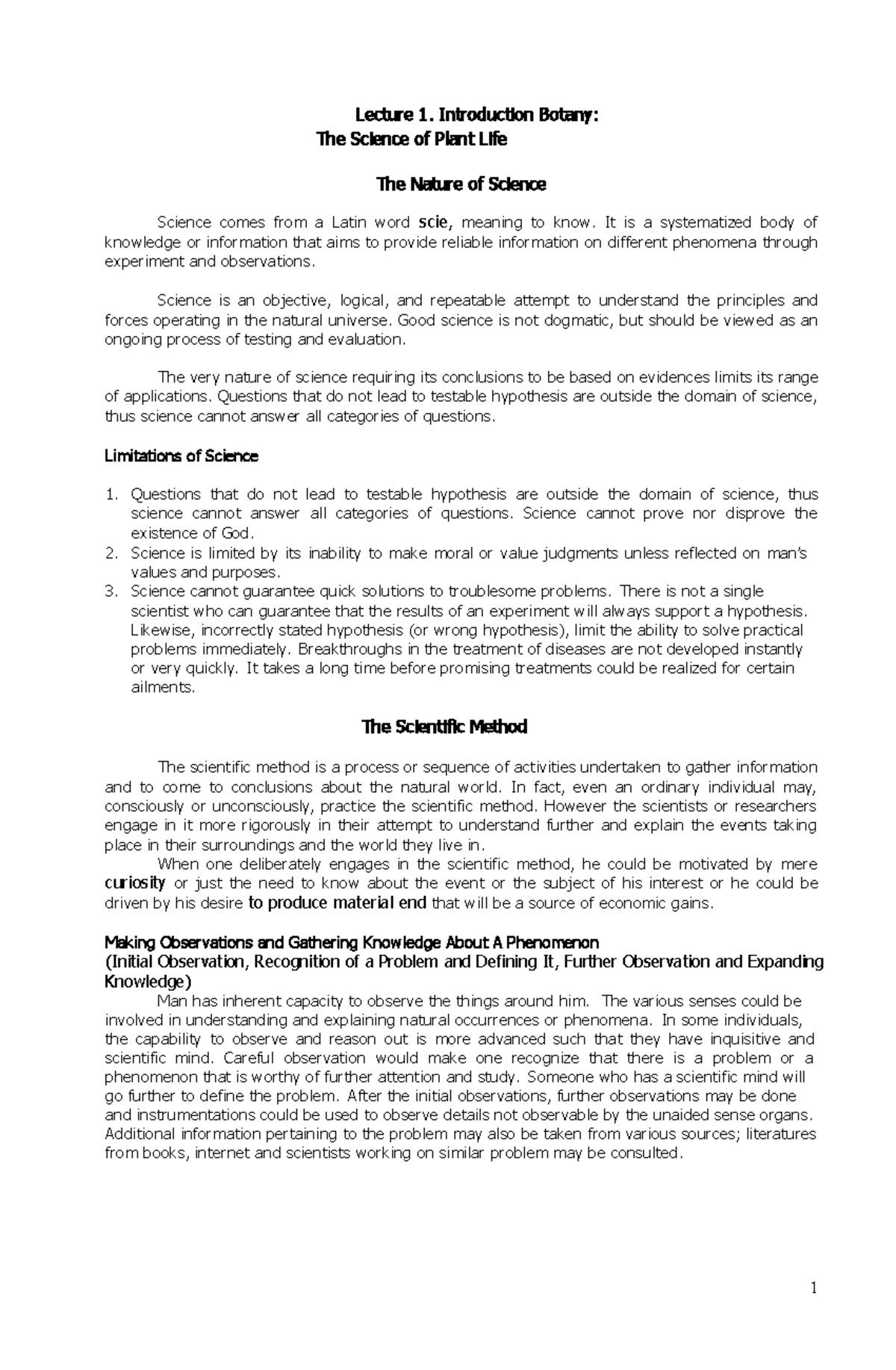 General Botany Readings - Lecture 1. Introduction Botany: The Science ...