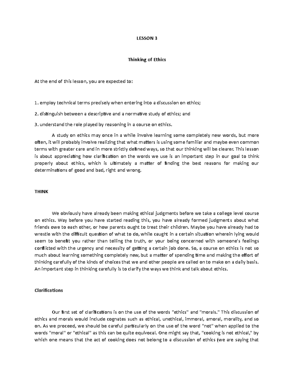 Lesson 3 in Ethics: Thinking of Ethics - LESSON 3 Thinking of Ethics At ...
