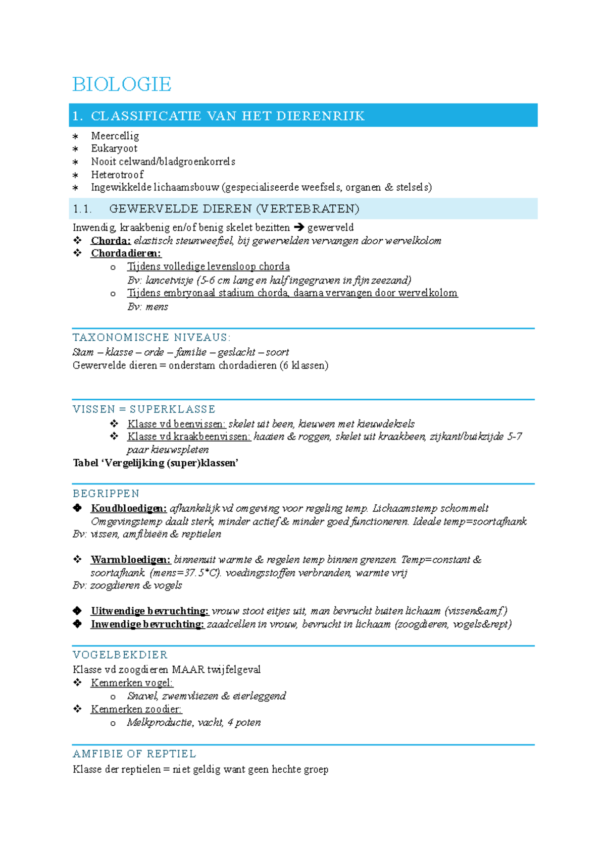 Biologie 'Indeling van het dierenrijk' - BIOLOGIE 1. CLASSIFICATIE VAN ...