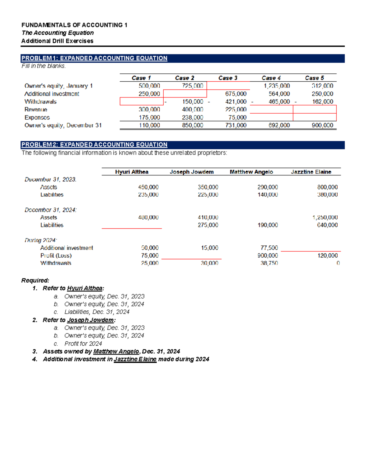 Fundamentals OF Accounting - The Accounting Equation - Additional Drill ...