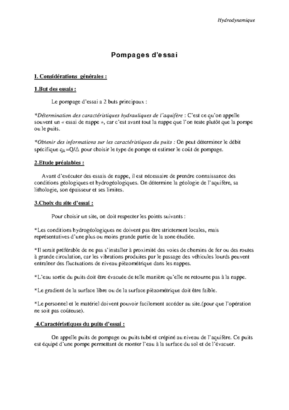 Cours 4 Pompages Dessai - Pom pa ge s d’e ssa i I. Considérations ...